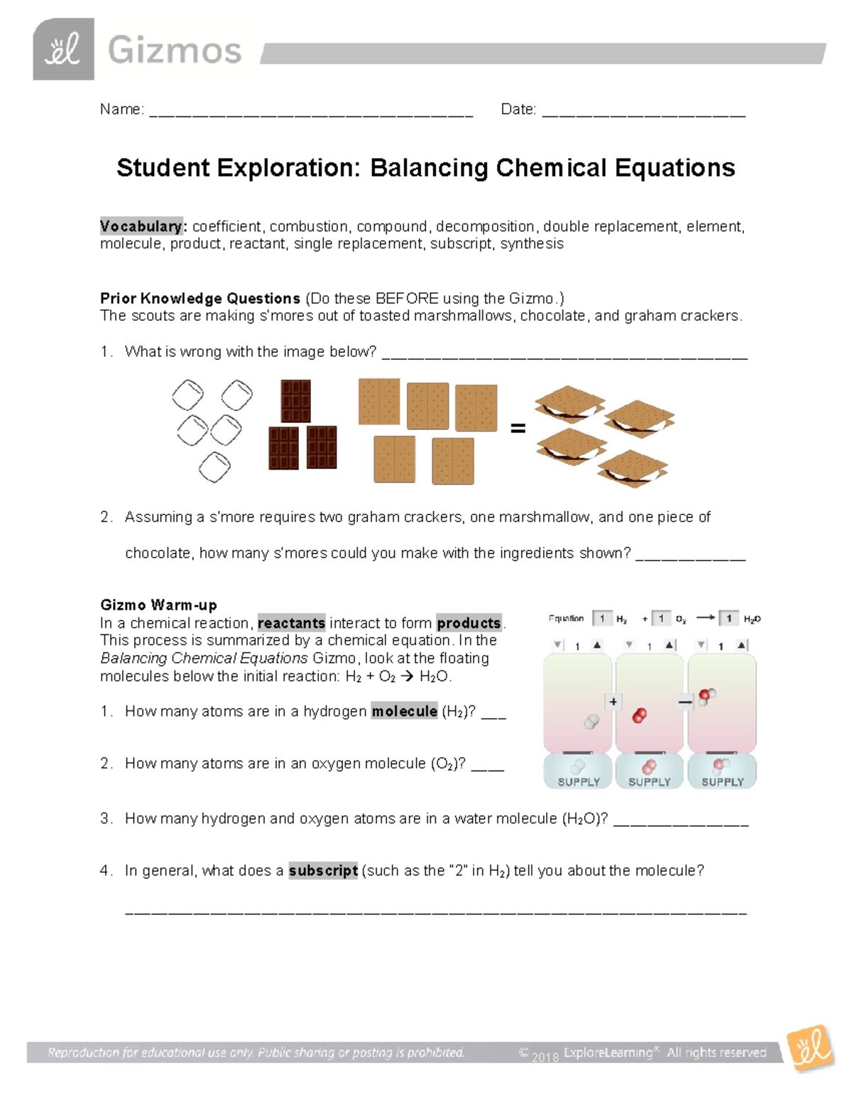 Virtual Lab 2 -Balancing Chem Equations SE - Name