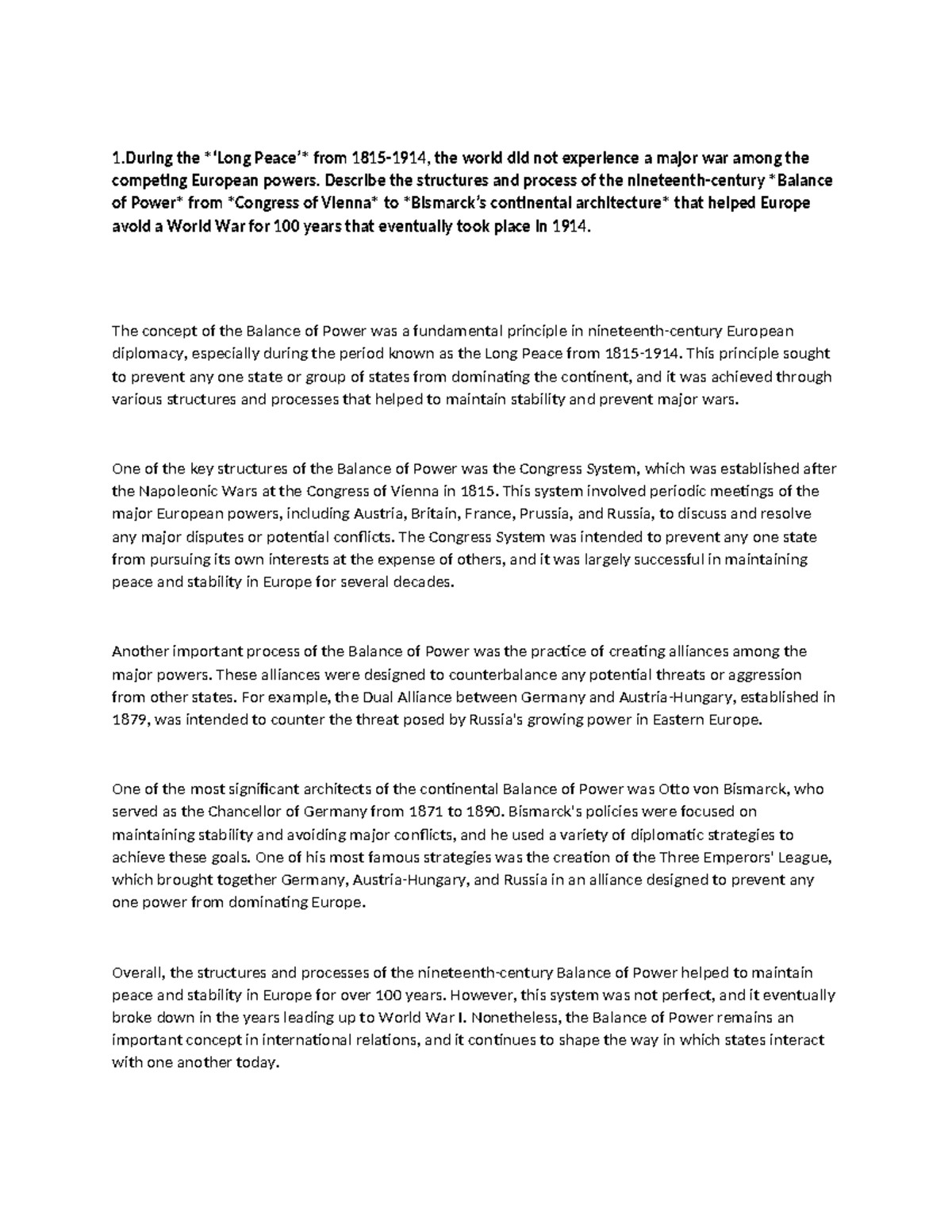 IR history - 1 the ‘Long Peace’ from 1815-1914, the world did not ...