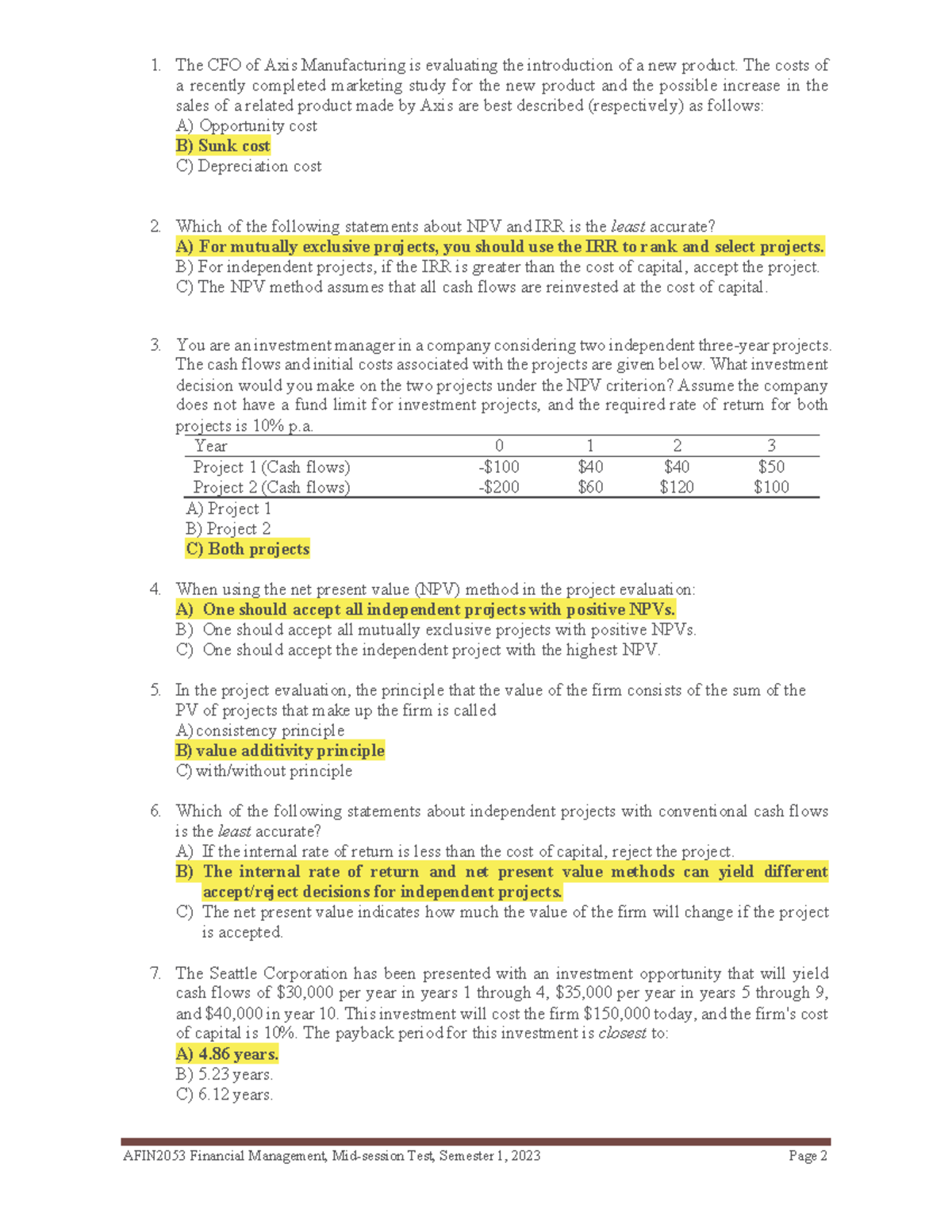 AFIN2053 Mid-term test S1,2023 - The CFO of Axis Manufacturing is ...