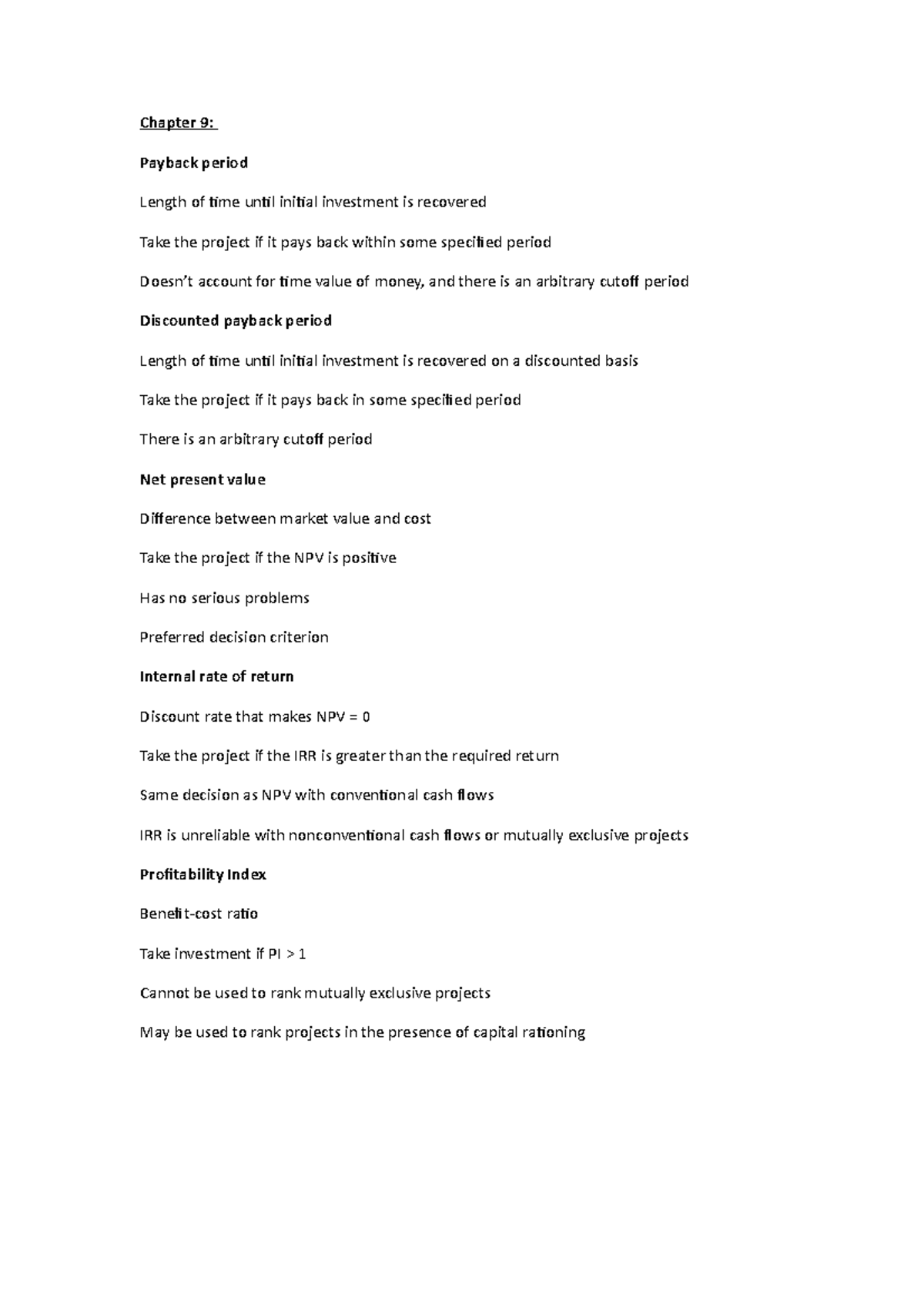 Chapter 9 - Chapter 9: Payback period Length of time until initial ...