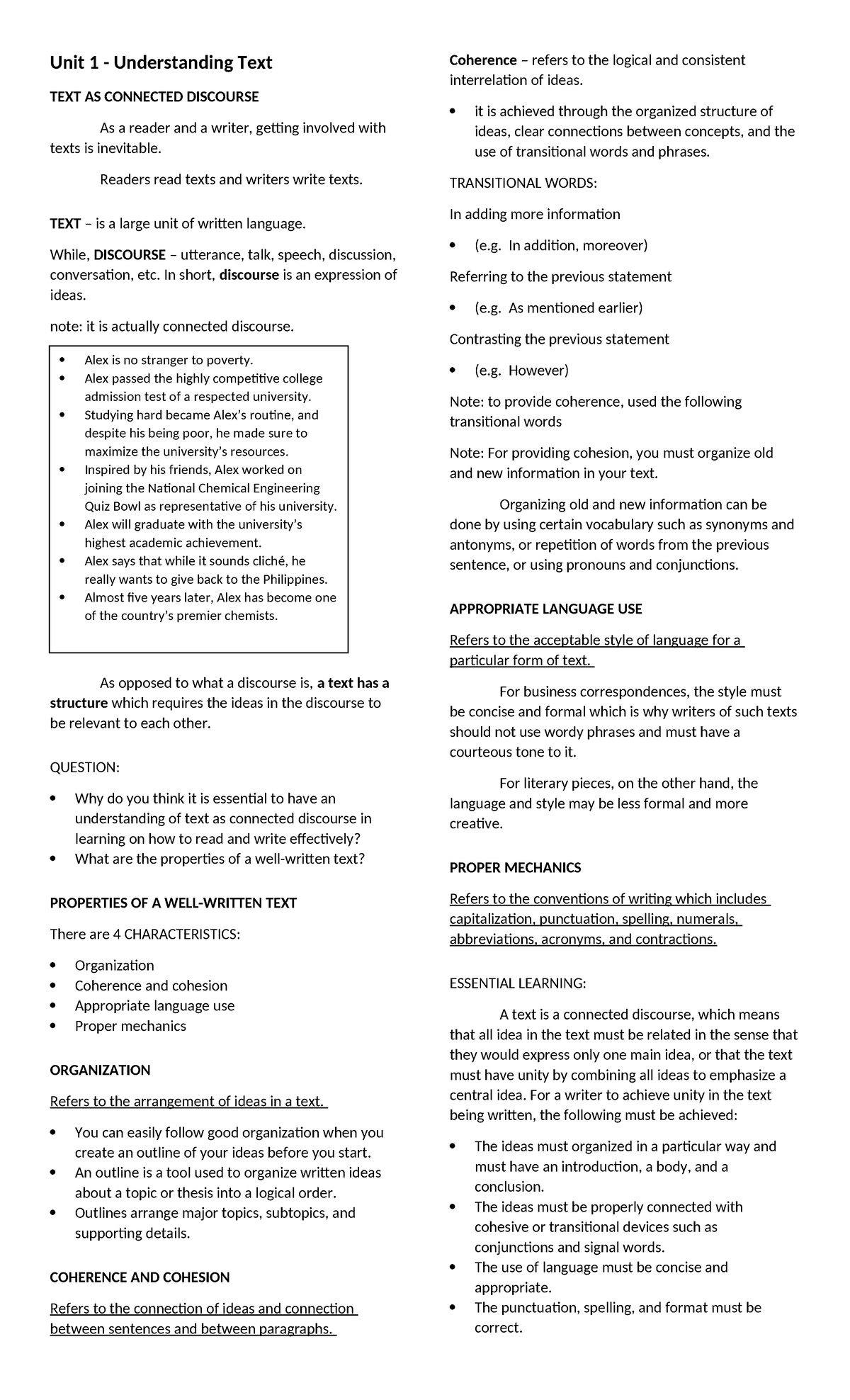 Rn W - Understanding Text, Unit 1 - Unit 1 - Understanding Text TEXT AS CONNECTED DISCOURSE As a ...
