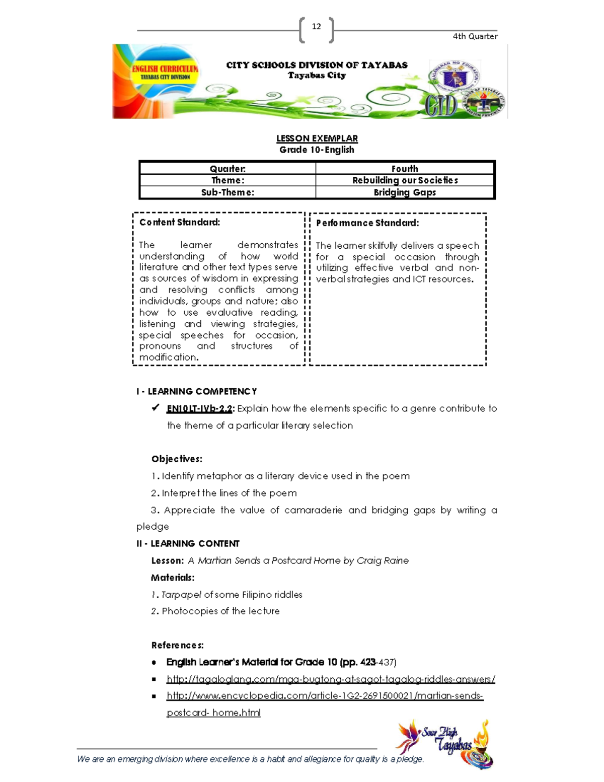 DLL 3 - 4th Quarter LESSON EXEMPLAR Grade 10-English I - LEARNING ...