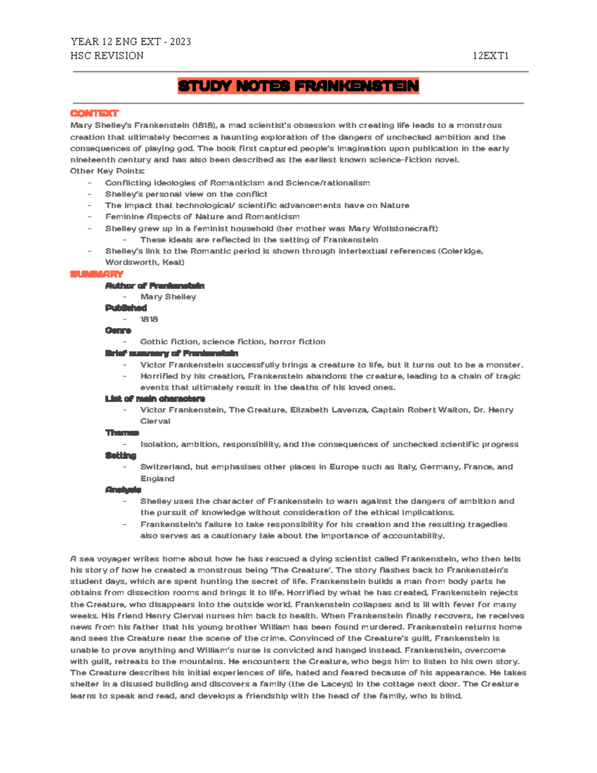 Eng-Ext Hsc Masternotes - HSC REVISION 12EXT STUDY NOTES FRANKENSTEIN ...