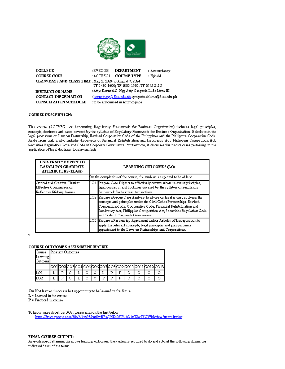 Actreg 1 Hybrid-Syllabus AY 2023-2024 Term 3 - COLLEGE : RVRCOB DEPARTMENT : Accountancy COURSE ...