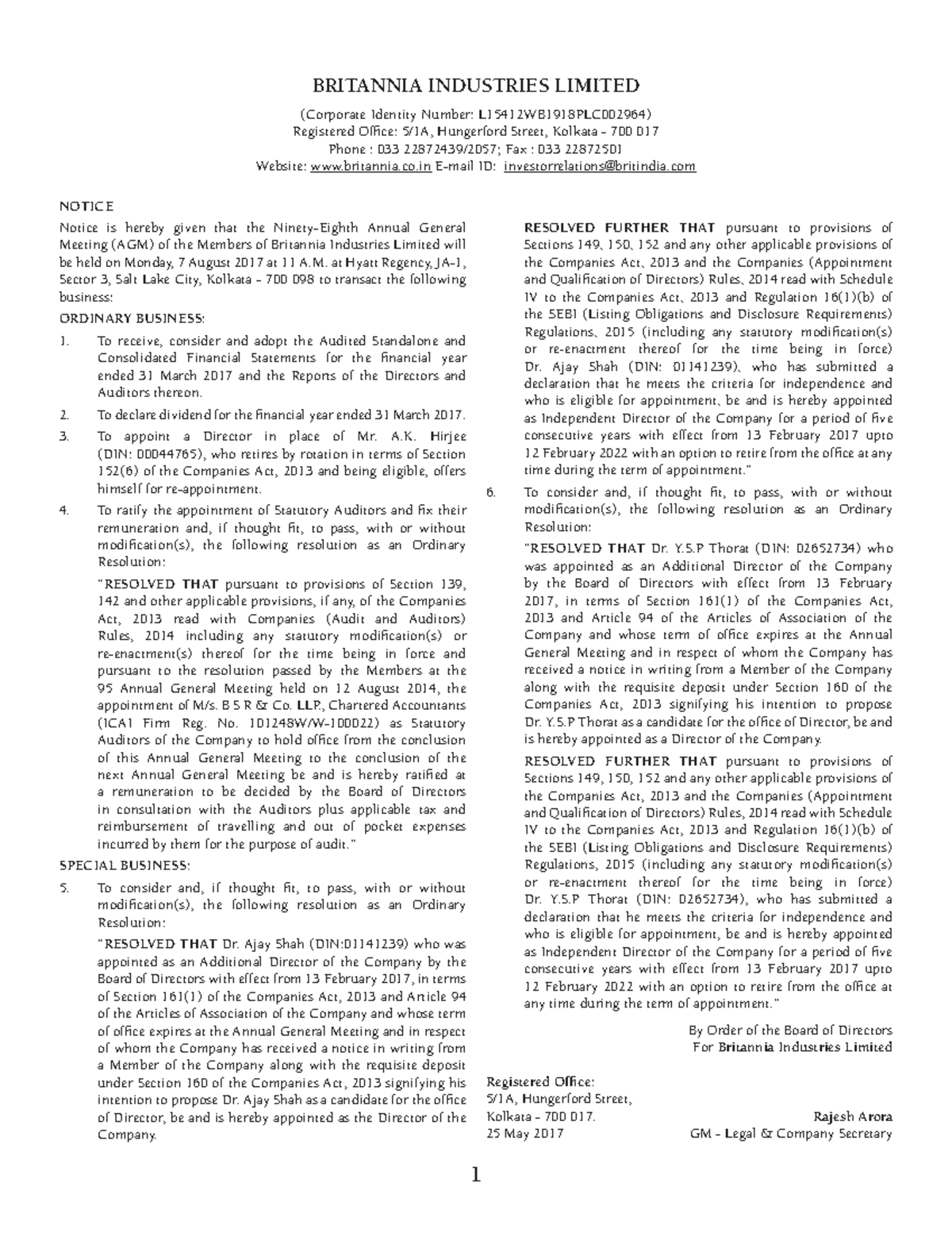 5008250317 - Britannia AGM report BSE - NOTICE Notice is hereby given ...