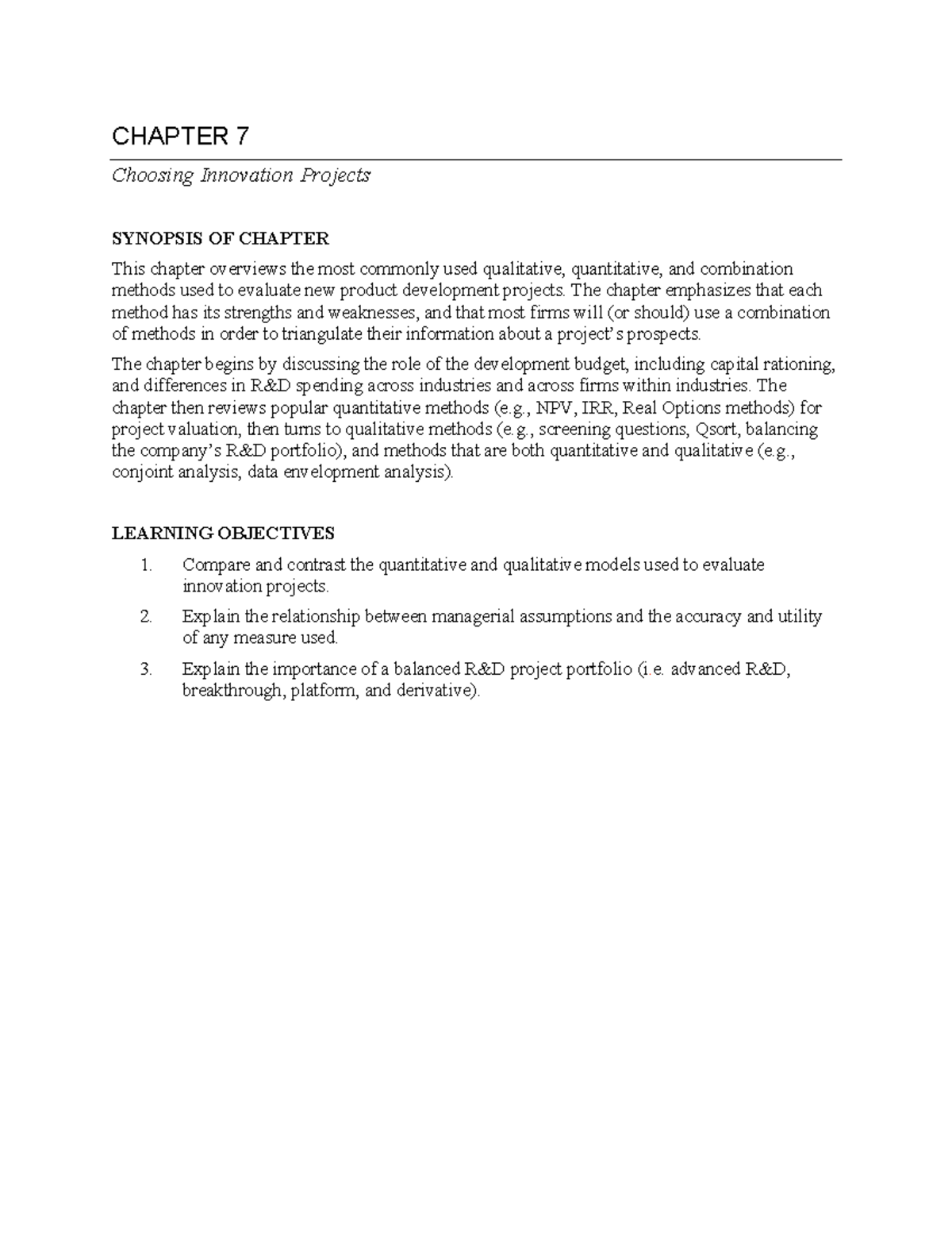 choosing innovation projects - CHAPTER 7 Choosing Innovation Projects ...