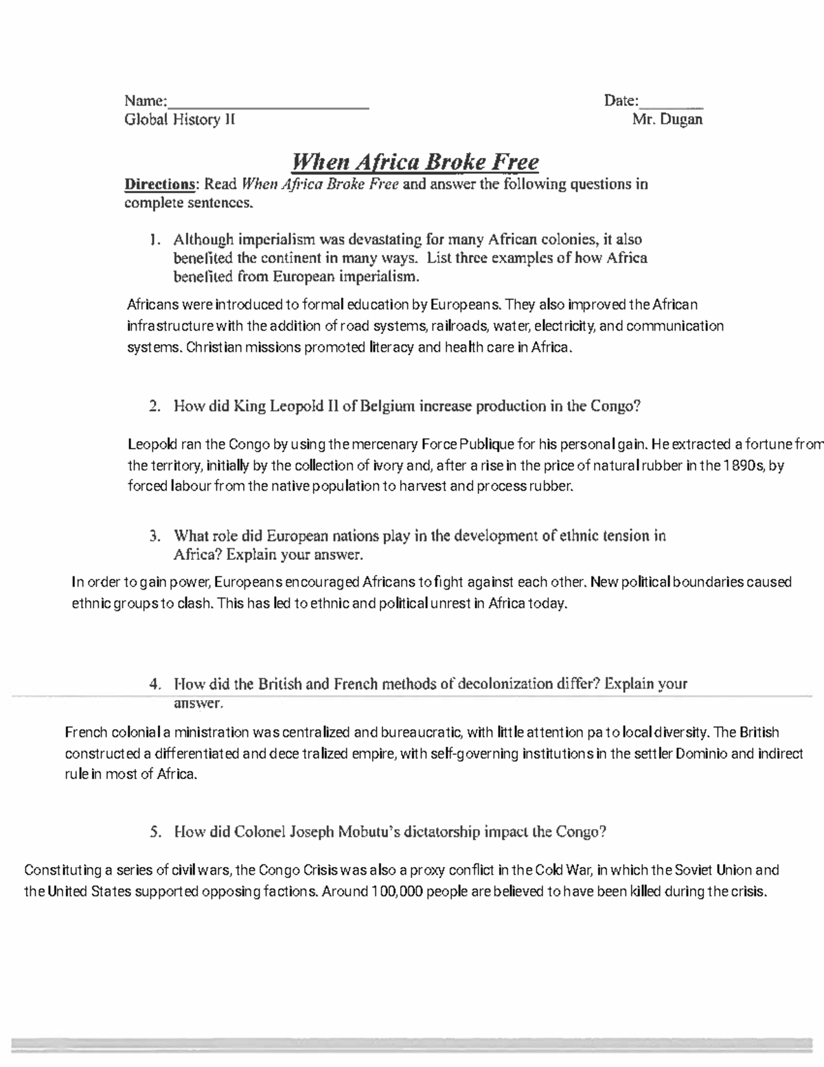 When Africa Broke Free Worksheet - Studocu