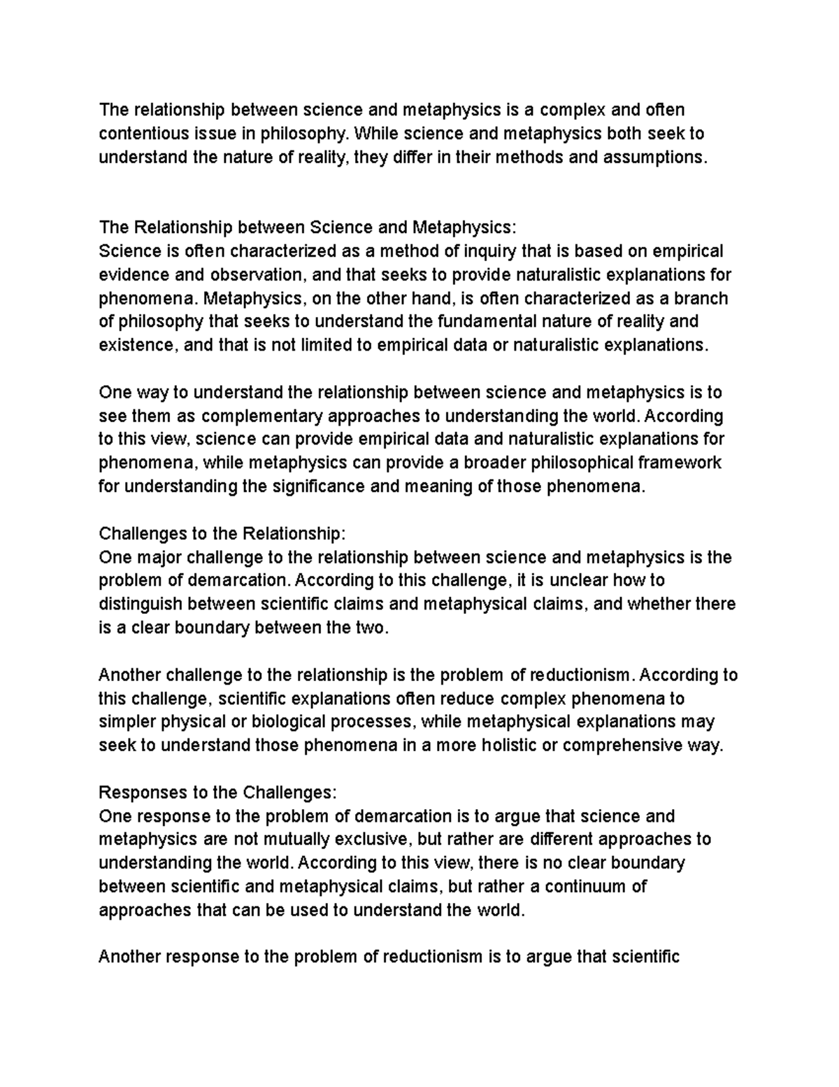 The Relationship between Science and Metaphysics - While science and ...