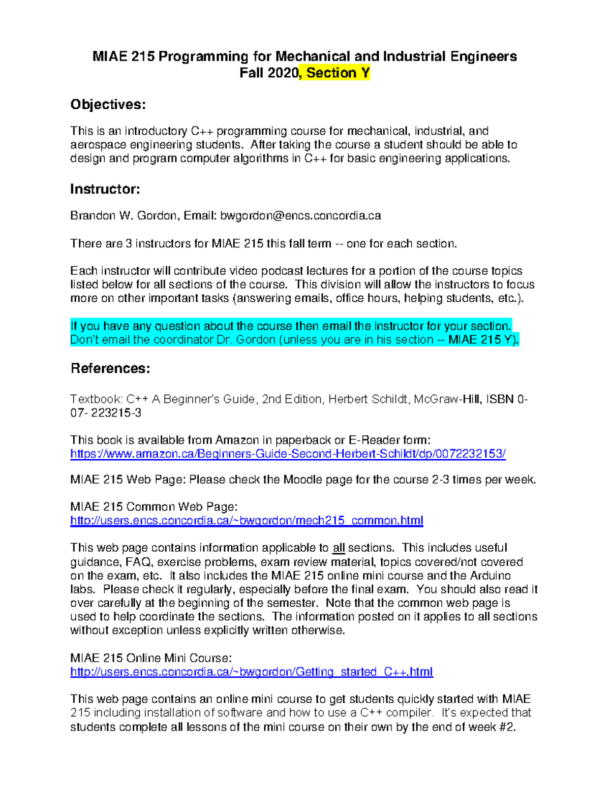 Brief outline MIAE 215 - MIAE 215 Programming for Mechanical and ...