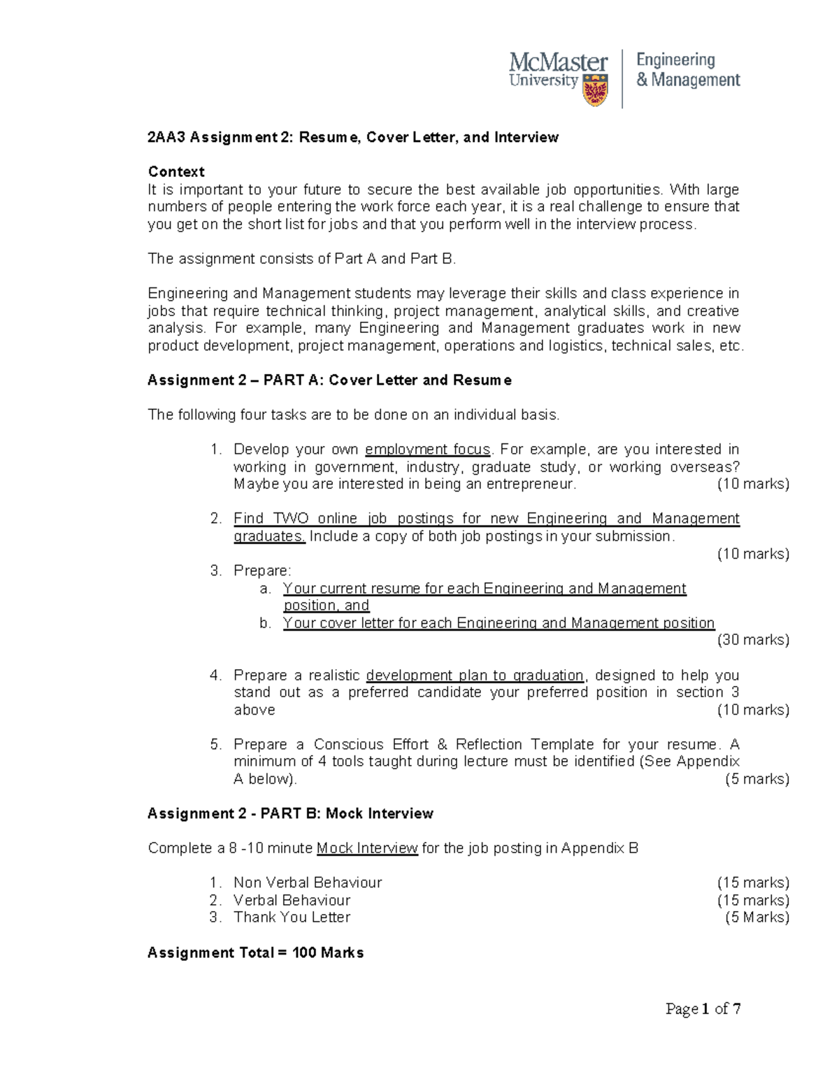 02a 2021 Assignment 2 - Cover Letter, Resume & Interview - 2AA3 ...