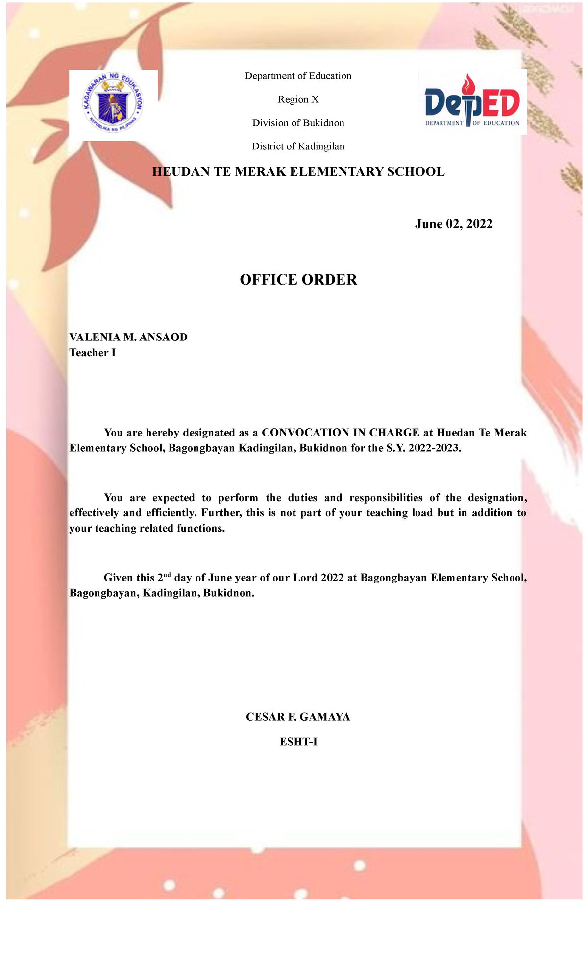 Office Order - a document where the school head assigned a task ...