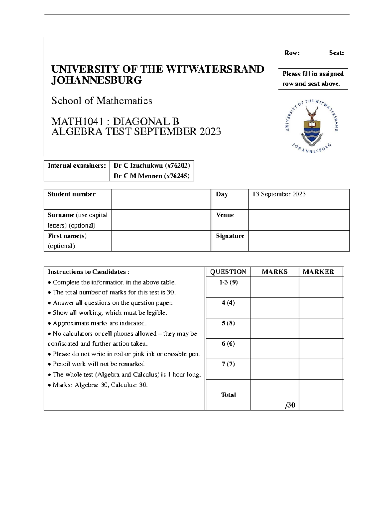 Aux2023Sept-CI-Alg - Past paper - UNIVERSITY OF THE WITWATERSRAND ...
