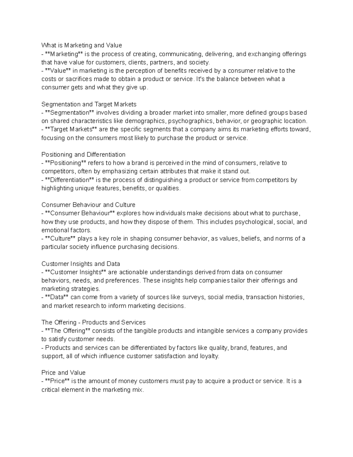 MKTG1001 - Full course brief notes - What is Marketing and Value ...