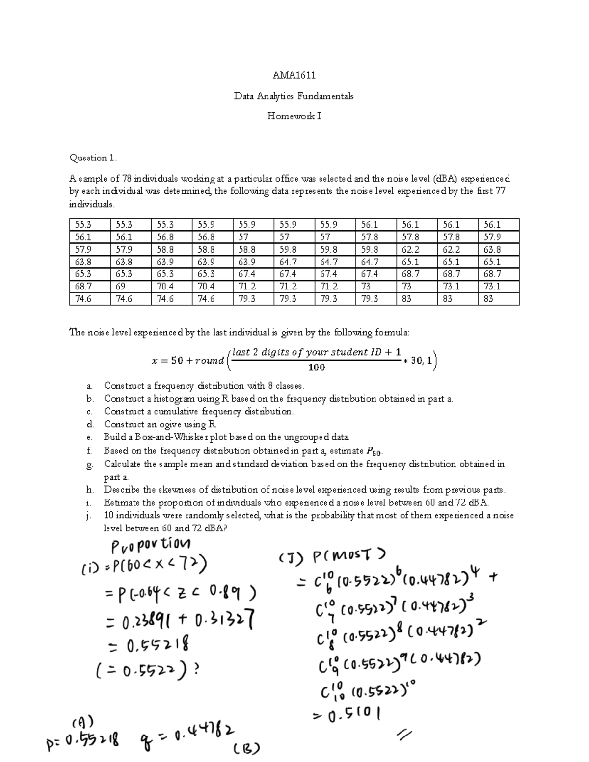 Hw1 Exercise Ama Data Analytics Fundamentals Homework I Question 1 A Sample Of 78 