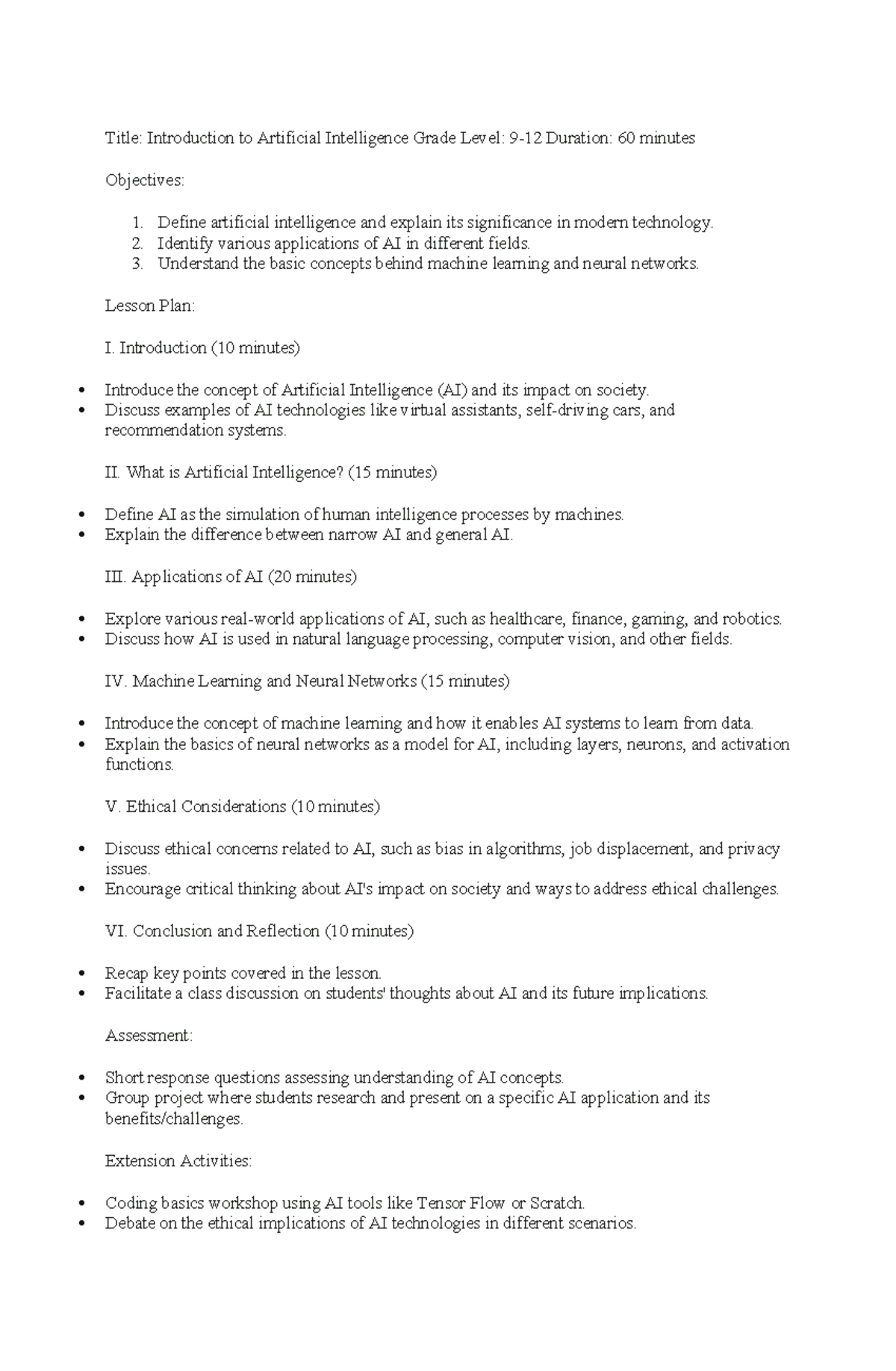 Lesson Plan about Introduction to Artificial Intelligence - Title ...