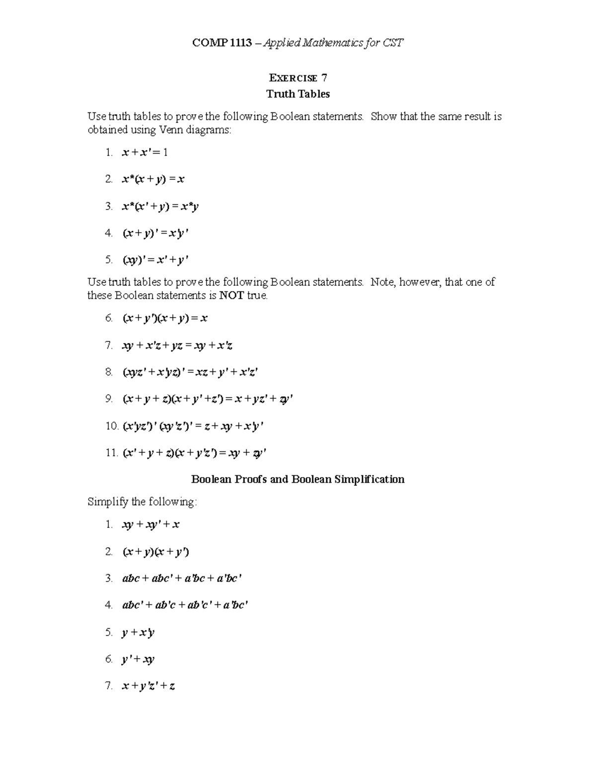 Exercise 07 - Truth Tables Boolean - COMP 1113 – Applied Mathematics ...