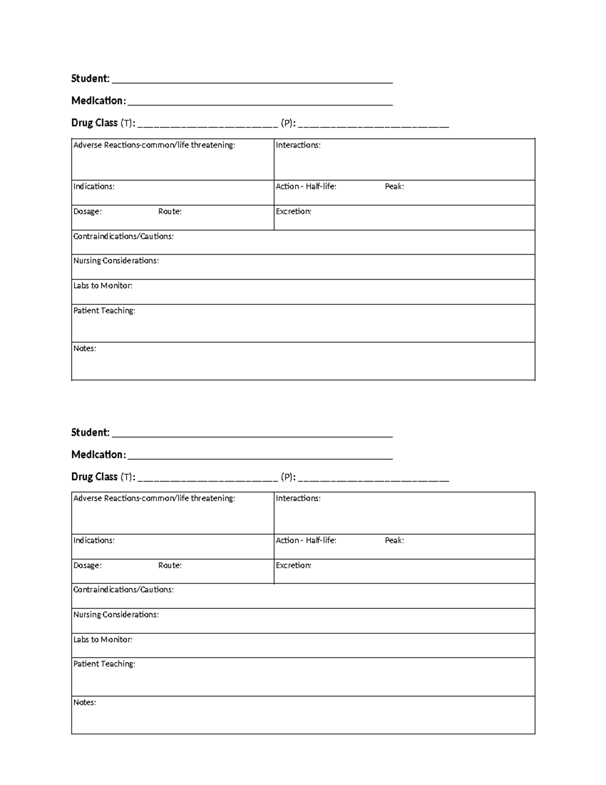 Med Card Individual Word - Student: Medication: Drug Class (T