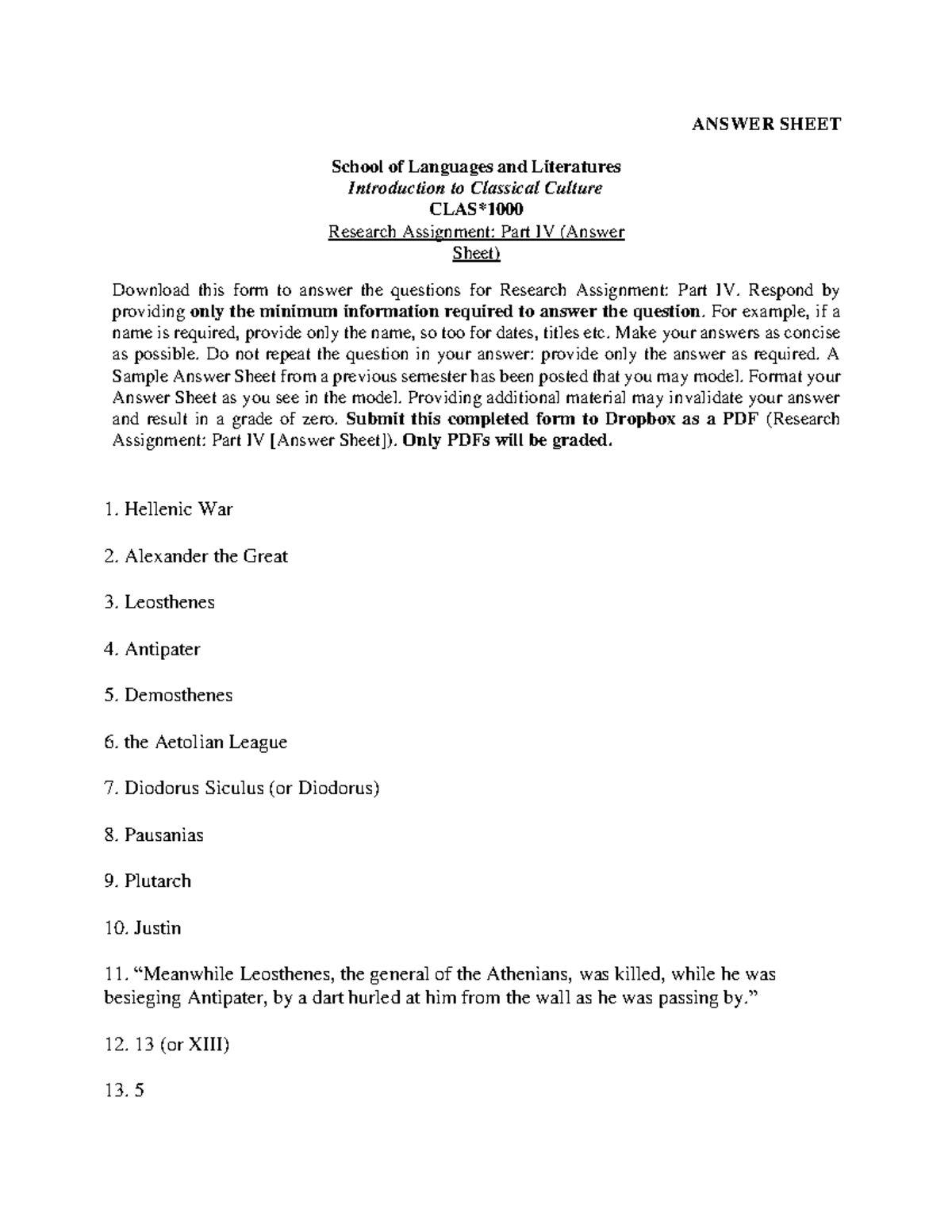 Research Assignment Part IV Answer Key - ANSWER SHEET School of ...
