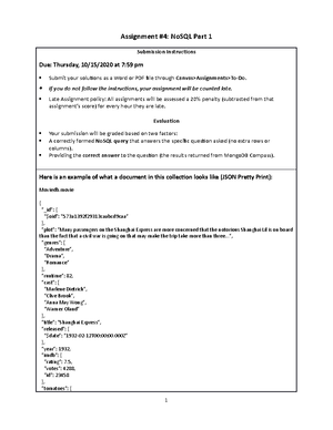 Assignment #4 - No SQL Part 1 (1) - Assignment NoSQL Part 1 Submission Instructions Due ...