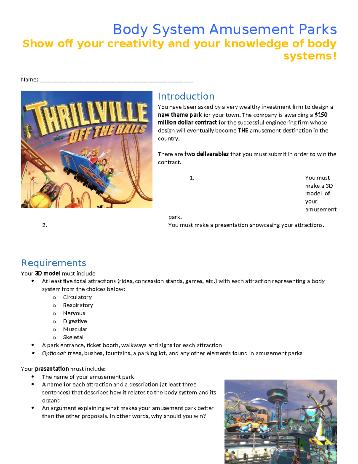 Body System Amusement Parks - handout - Body System Amusement Parks ...
