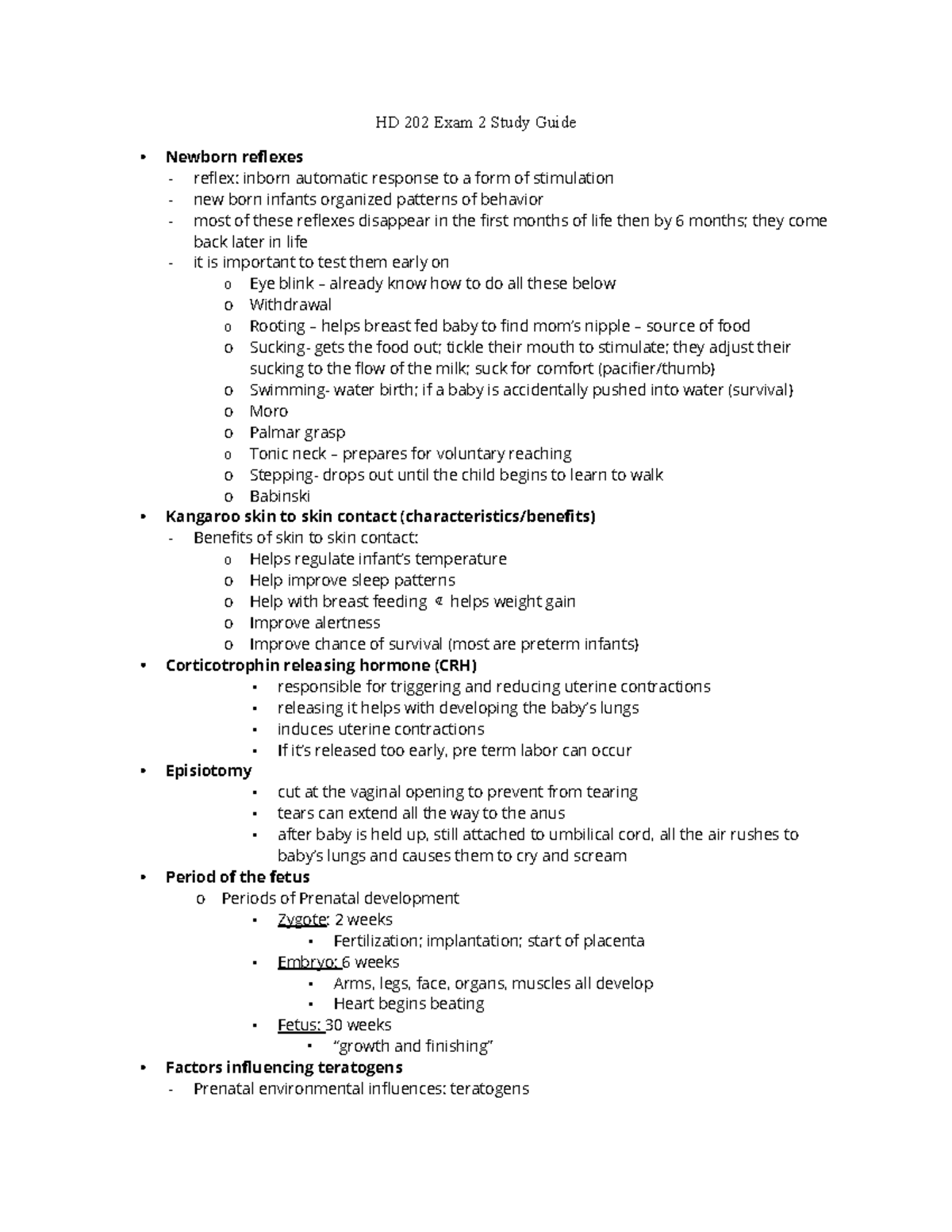 HD 202 Study Guide - HD 202 Exam 2 Study Guide Newborn reflexes reflex ...
