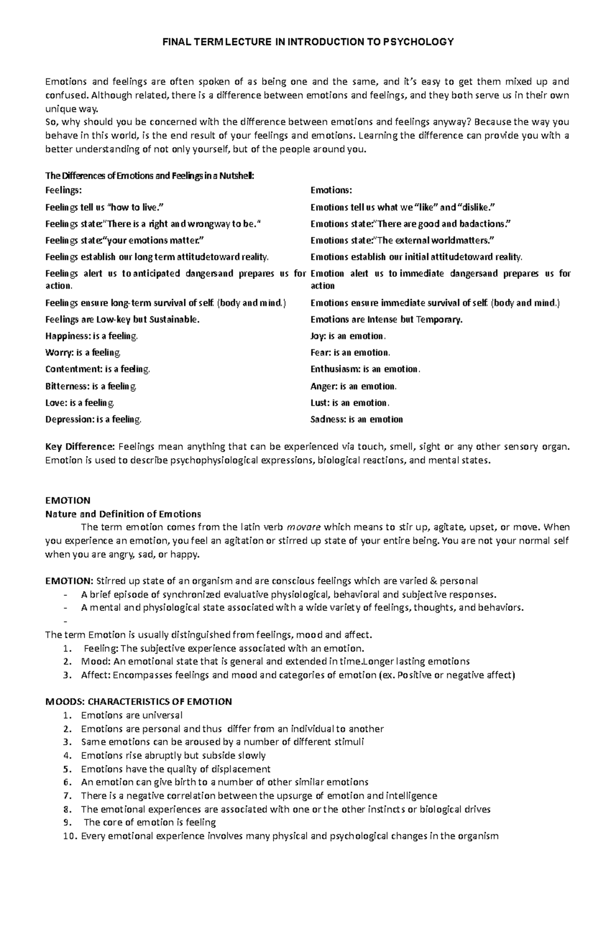 Intro to psych Final TERM1 Emotion - FINAL TERM LECTURE IN INTRODUCTION ...