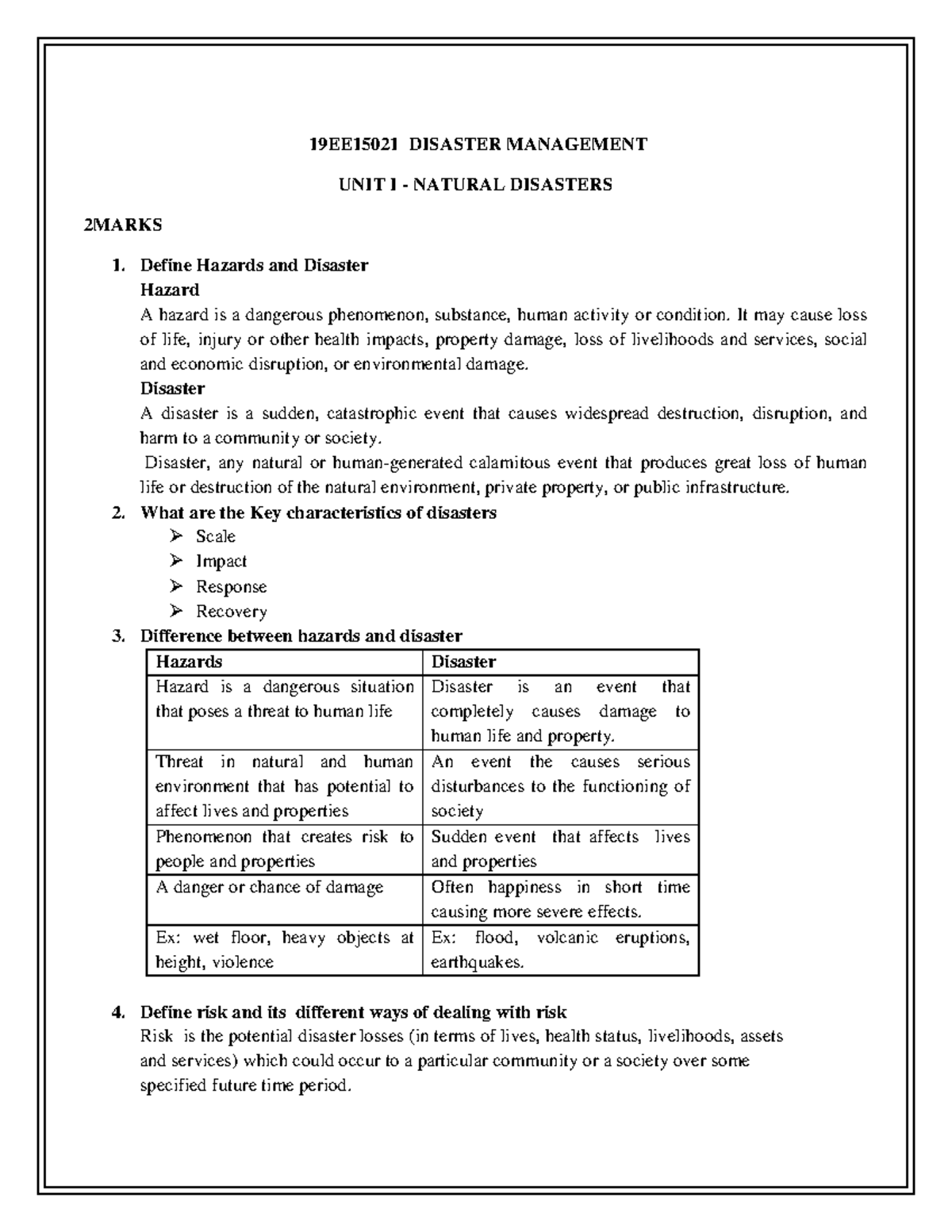 UNIT I II QB 2m 10m 1m - 19EE15021 DISASTER MANAGEMENT UNIT I - NATURAL ...