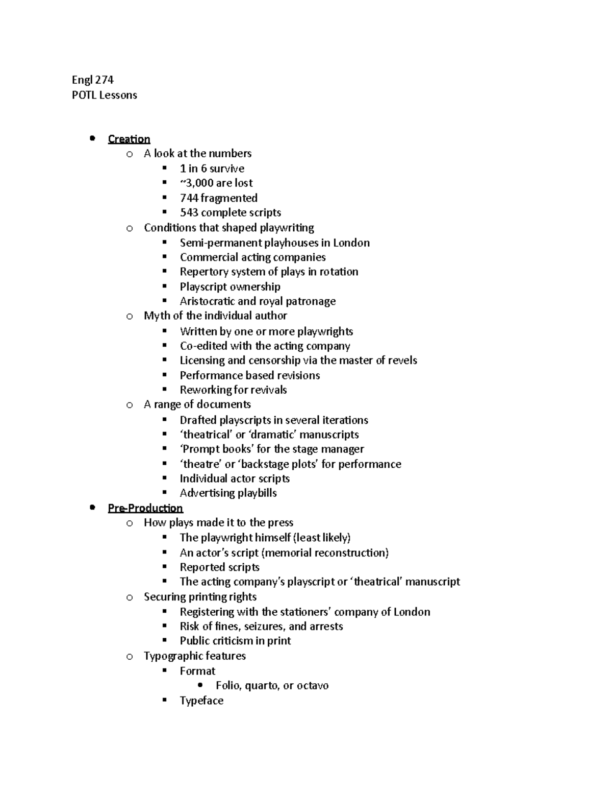 POTL lessons - Engl 274 POTL Lessons Creation o A look at the numbers 1 ...