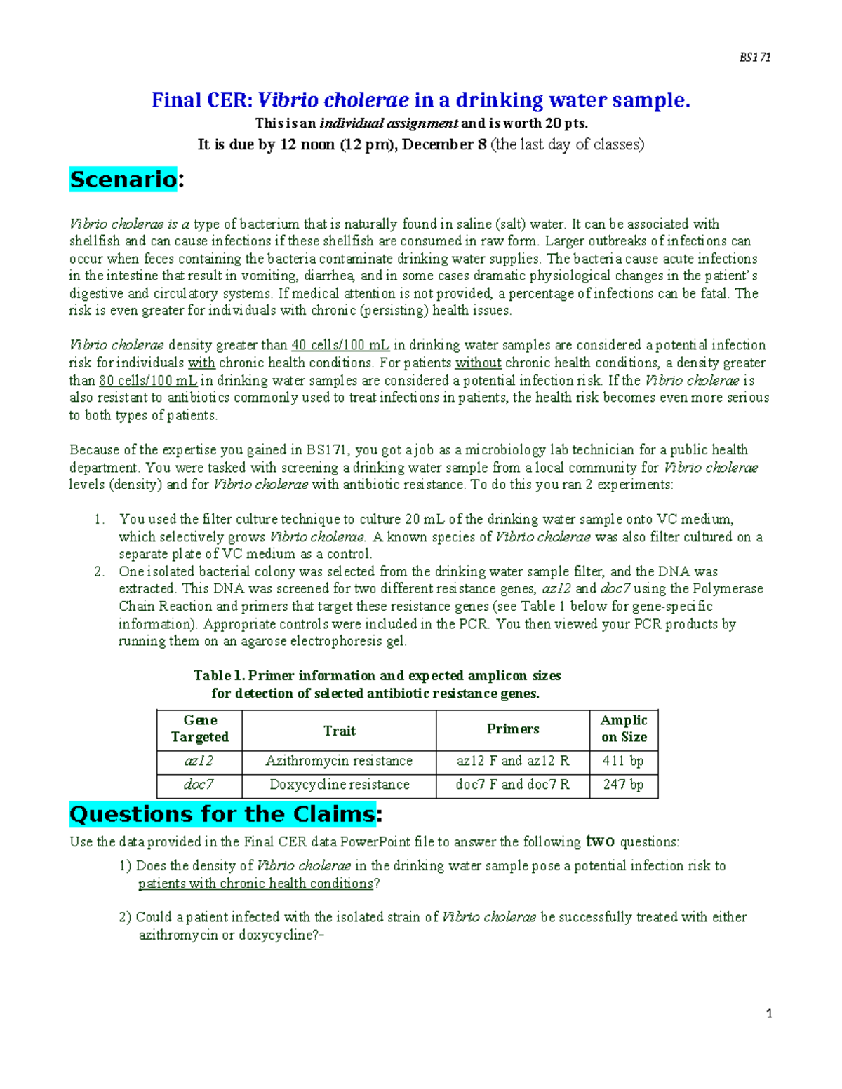 Final CER F23 - bs 171 leture - Final CER: Vibrio cholerae in a drinking water sample. This is ...
