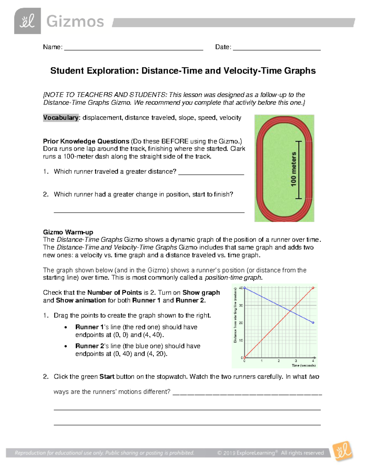 Distance and Velocity Time Graphs Gizmo Student Exploration Sheet ...