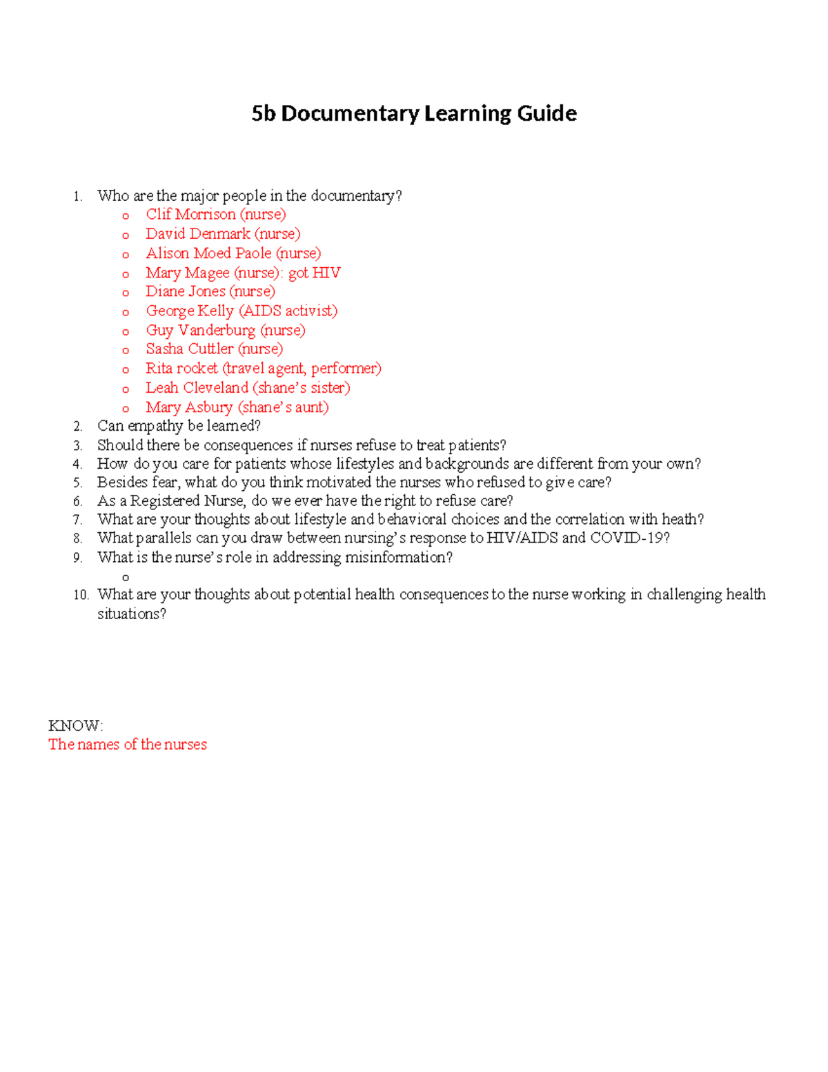 5b Documentary Learning Guide - Who are the major people in the ...