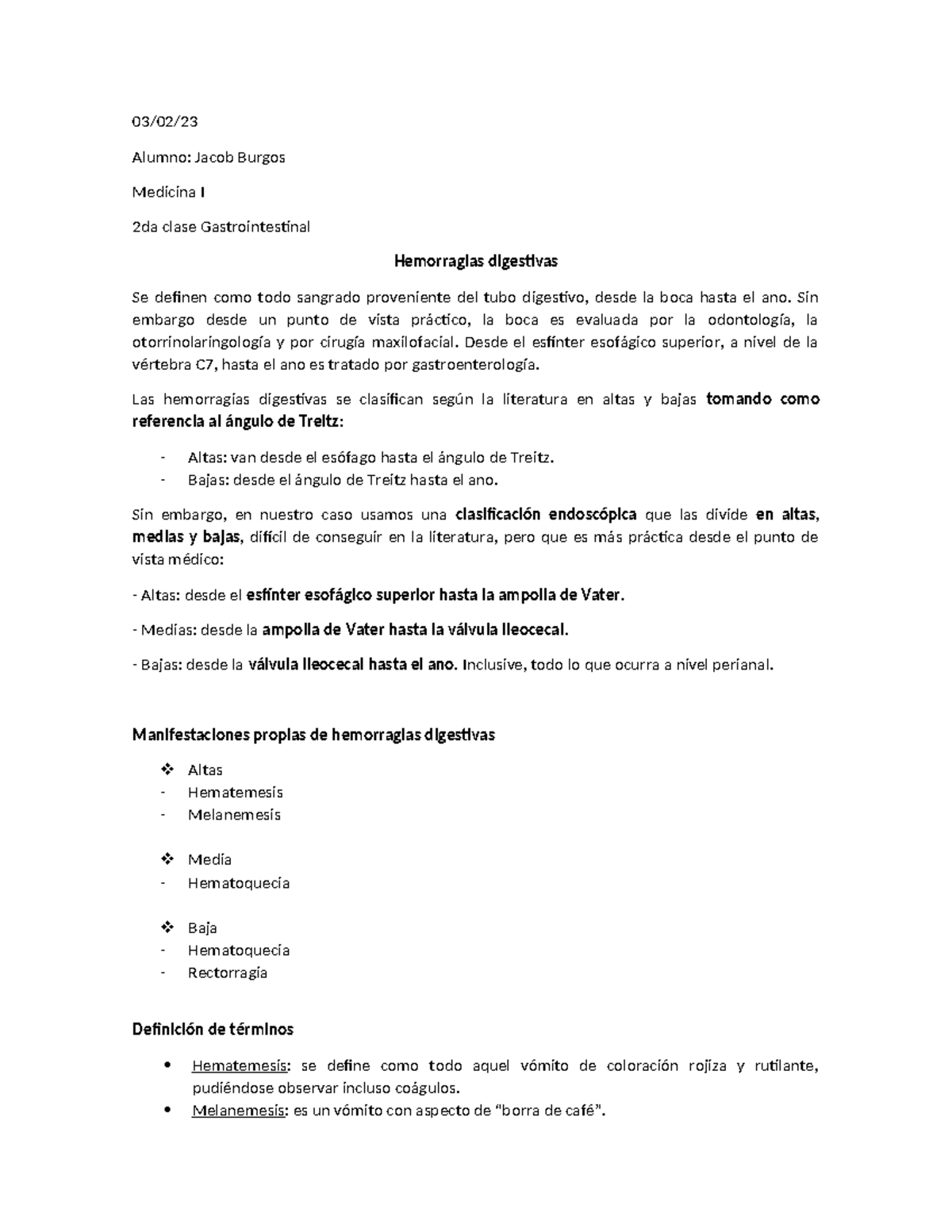 Clase 2. Hemorragias digestivas - 03/02/ Alumno: Jacob Burgos Medicina ...