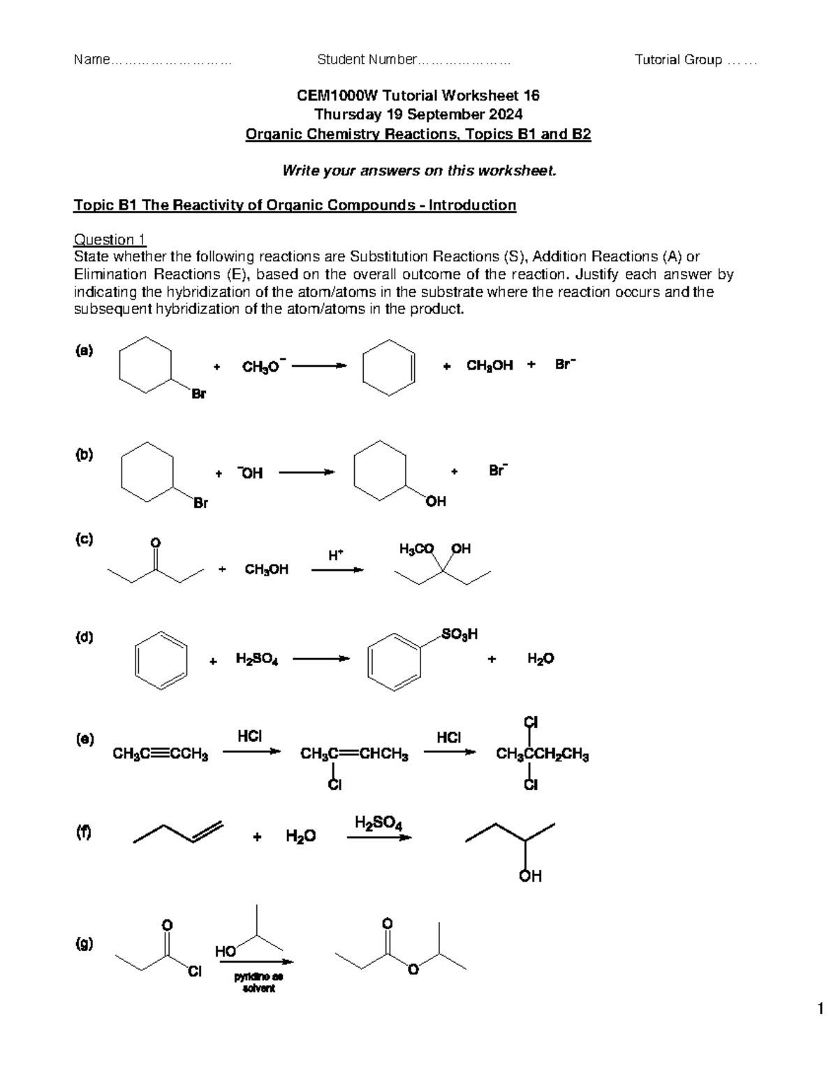 CEM1000W 2024 Tutorial Worksheet 16 Org Chem Reactions Topics B1 and B2-2 - CEM1000W Tutorial ...