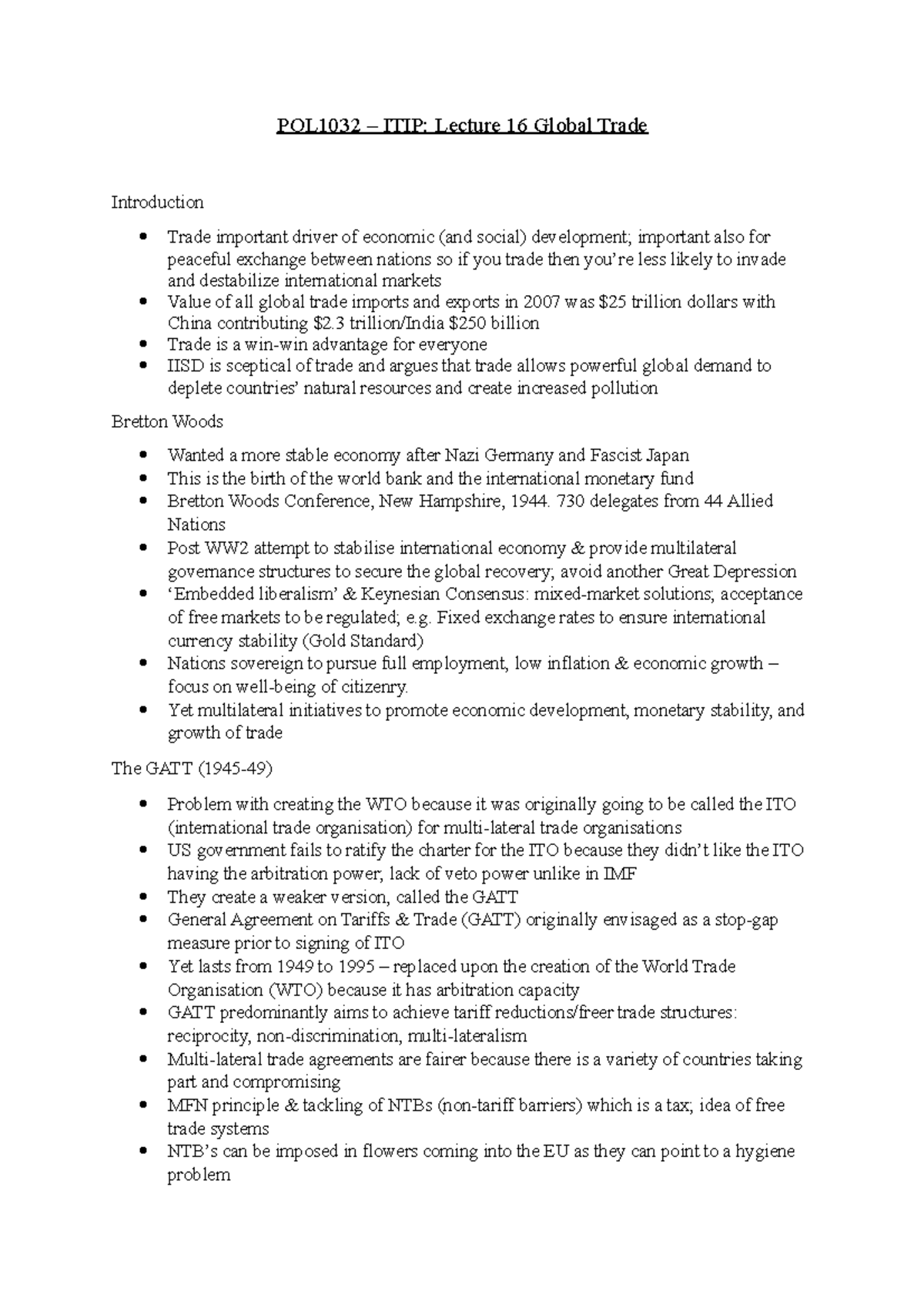 Lecture 16 Global Trade - POL1032 – ITIP: Lecture 16 Global Trade ...
