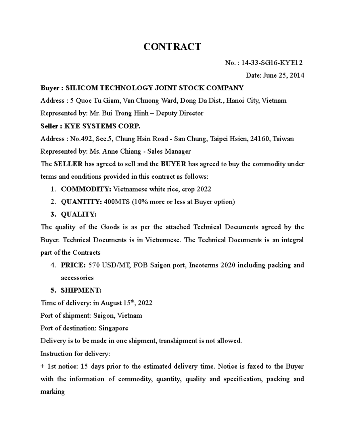 Contract RICE (me soạn) - CONTRACT No. : 14-33-SG16-KYE Date: June 25 ...