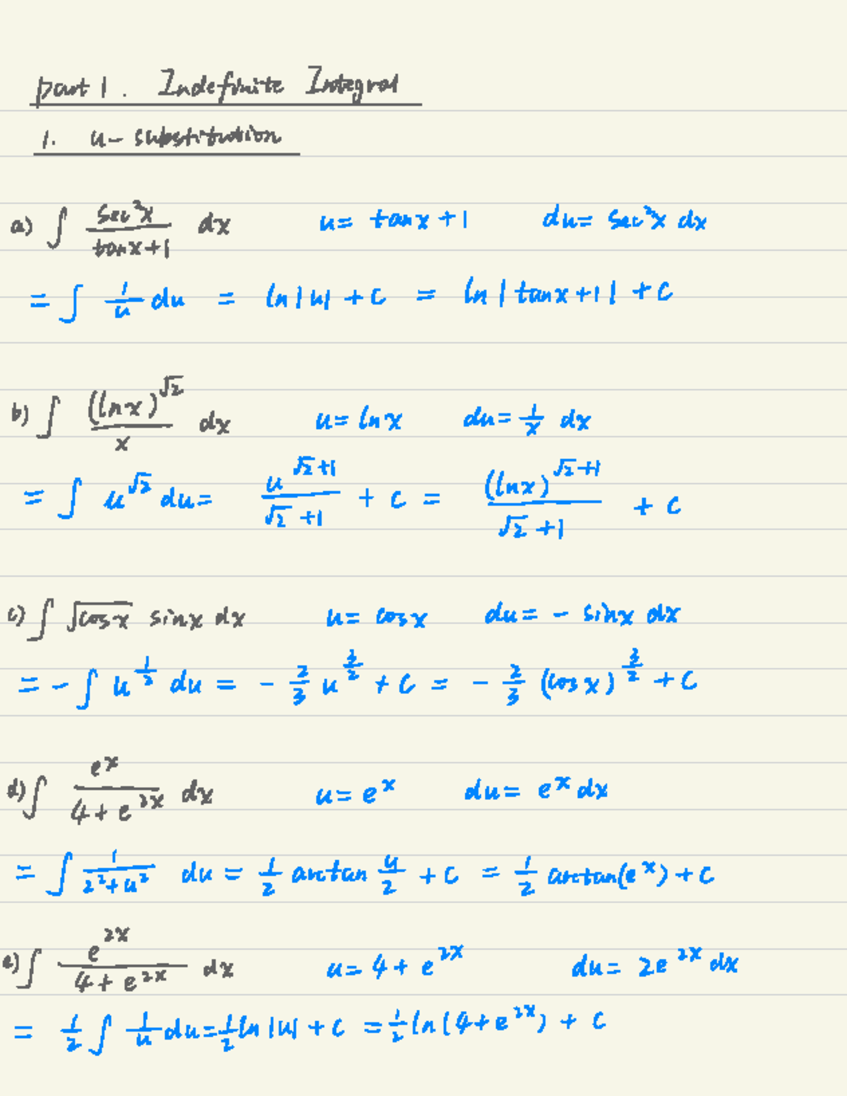 Practice Problems - part 1. Indefinite Integral 1. U - substitution a ...