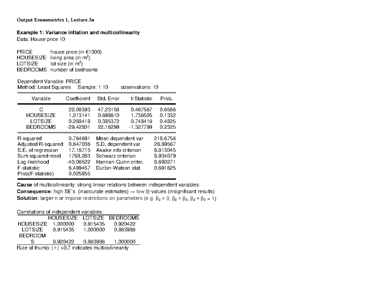 Output 3a - Output Econometrics 1, Lecture 3a Example 1: Variance ...