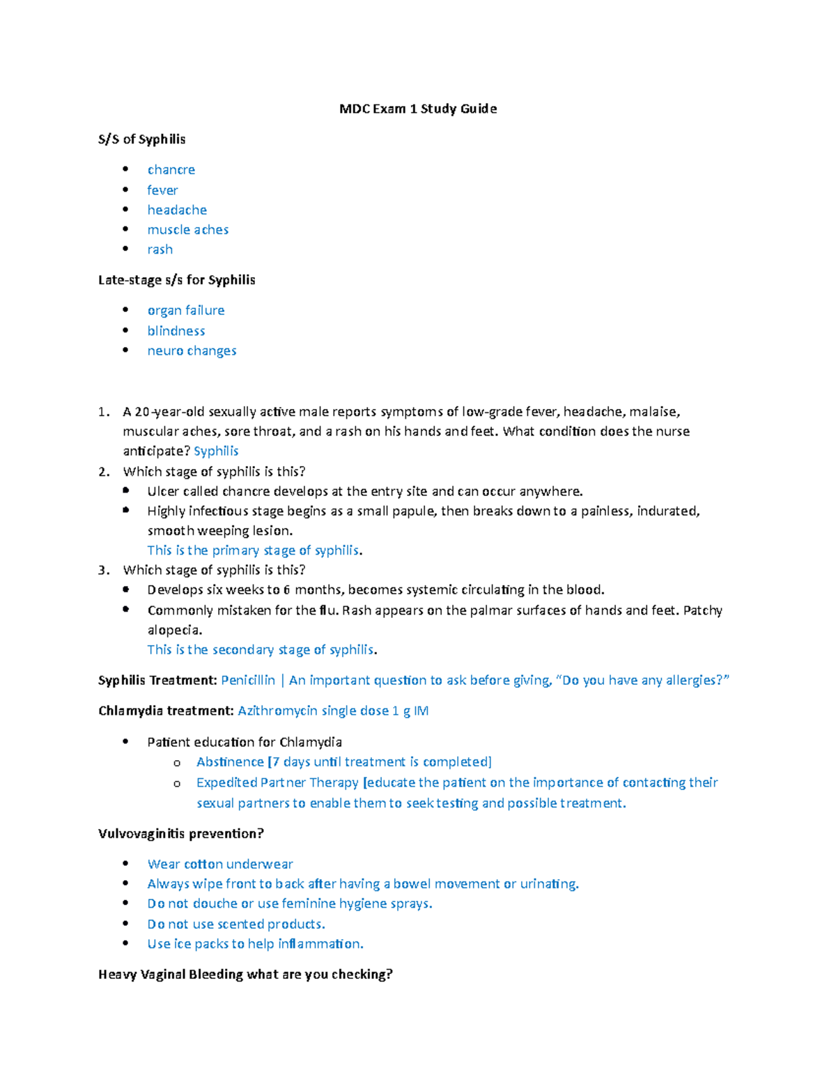 MDC Exam 1 Study Guide - MDC Exam 1 Study Guide S/S of Syphilis chancre ...