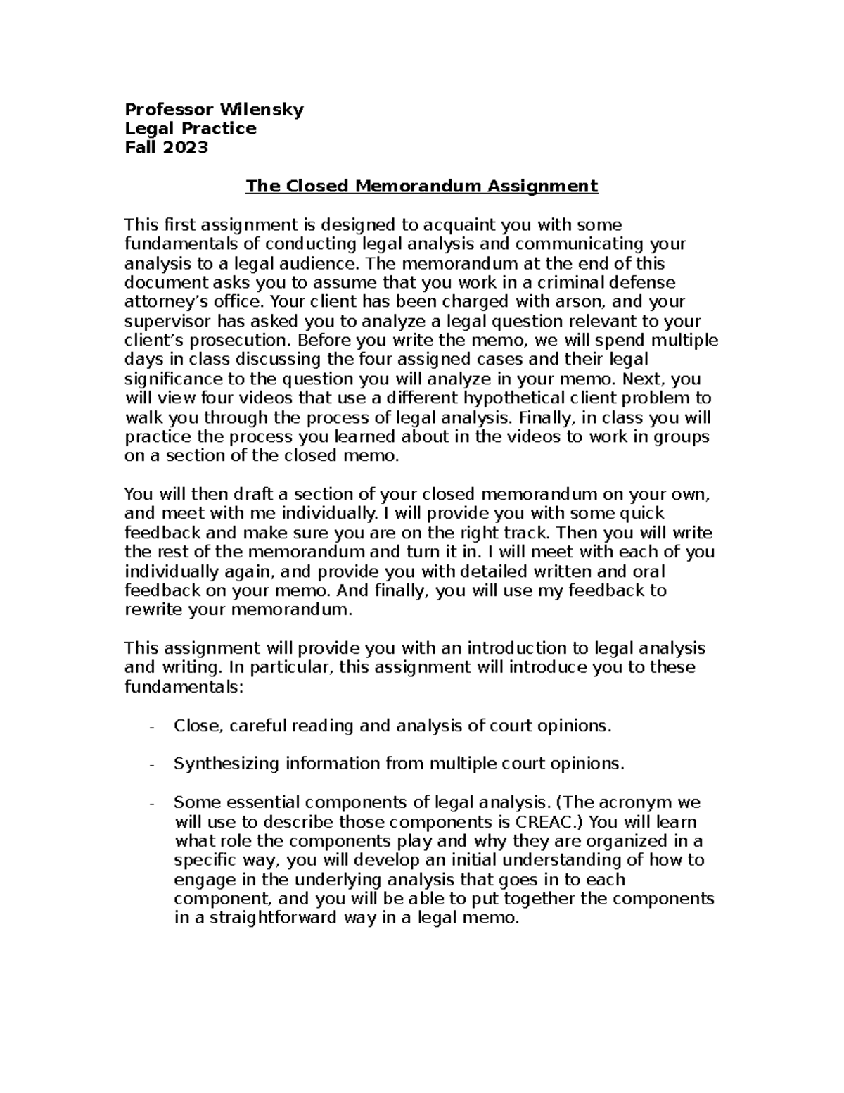 In Custody Closed Memorandum Assignment - Professor Wilensky Legal ...