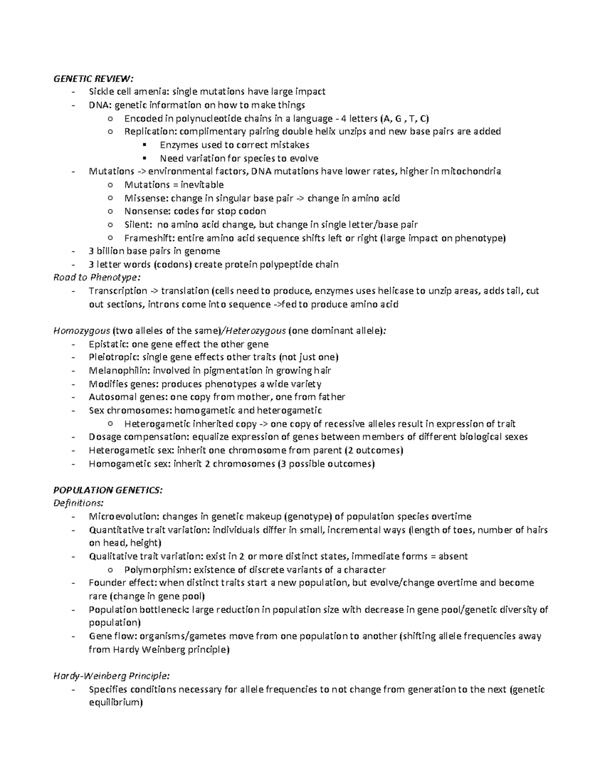 BI-111 Final EXAM Review - GENETIC REVIEW: Sickle cell amenia: single ...