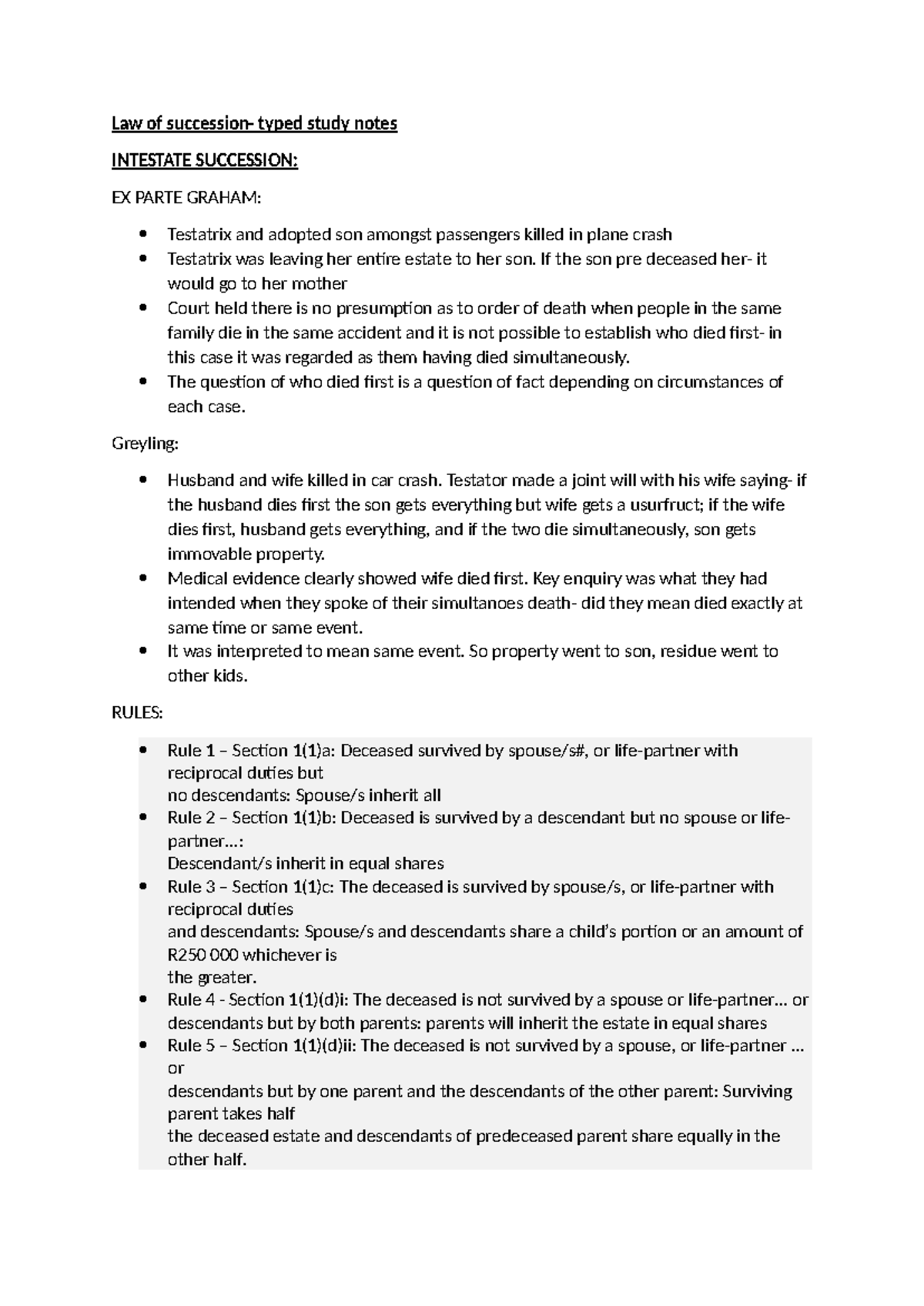 Succession typed study notes final - Law of succession- typed study ...