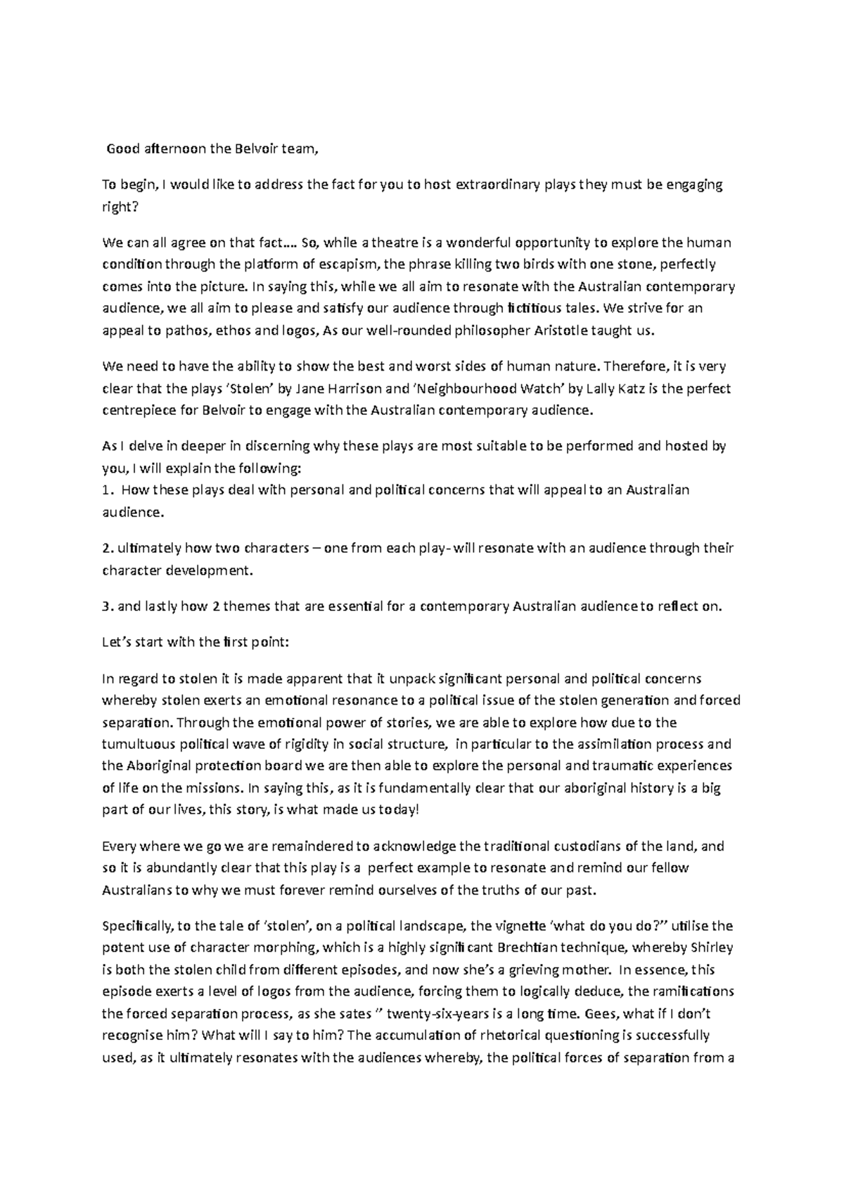 Drama task 2 part b - black comedy - Good afternoon the Belvoir team ...