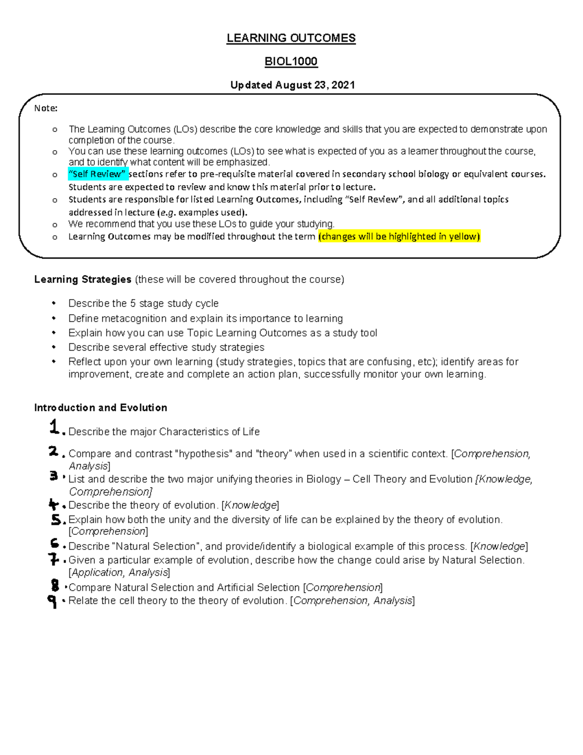Sep 7 to Sep 30 learning outcomes - LEARNING OUTCOMES BIOL Updated ...