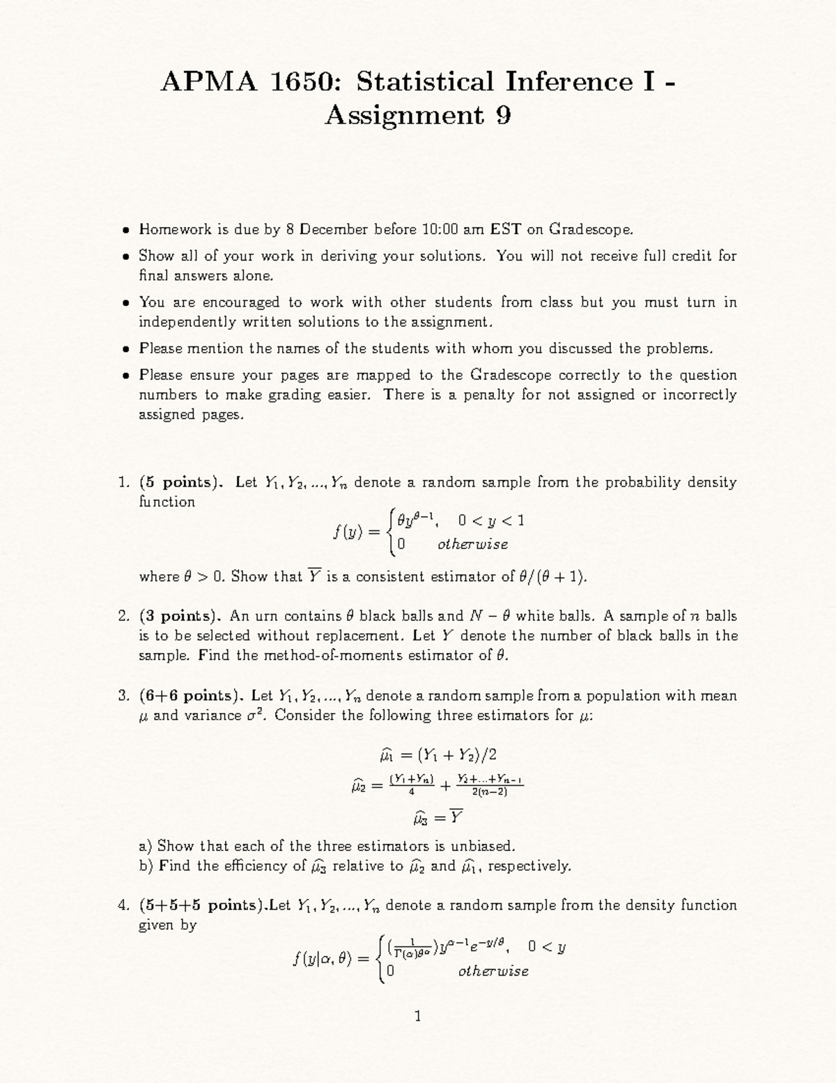 A9 - Statistical Inference - APMA 1650: Statistical Inference I - Assignment 9 Homework is due ...