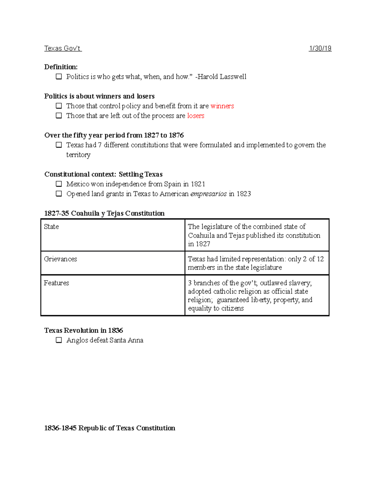 Texas Government - Notes taken in professor Brown's class - Texas Gov’t ...