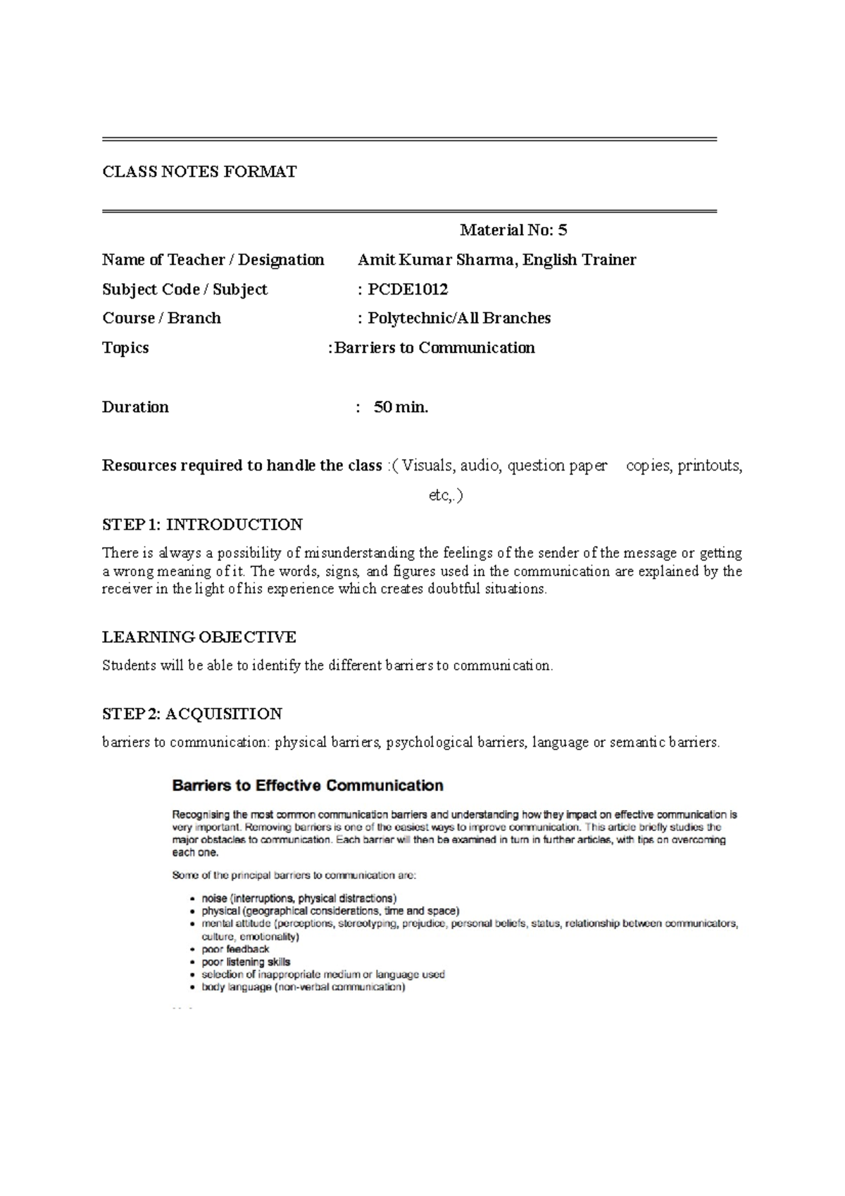 Notes LP5 - Barriers to Communication - CLASS NOTES FORMAT Material No ...