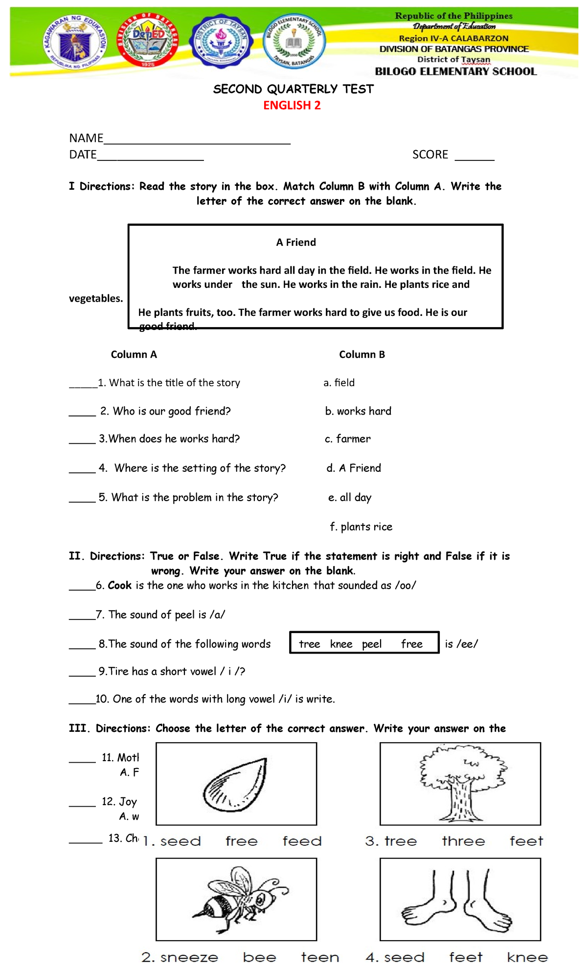 PT English 2 Q2 - SECOND QUARTERLY TEST ENGLISH 2 NAME ...