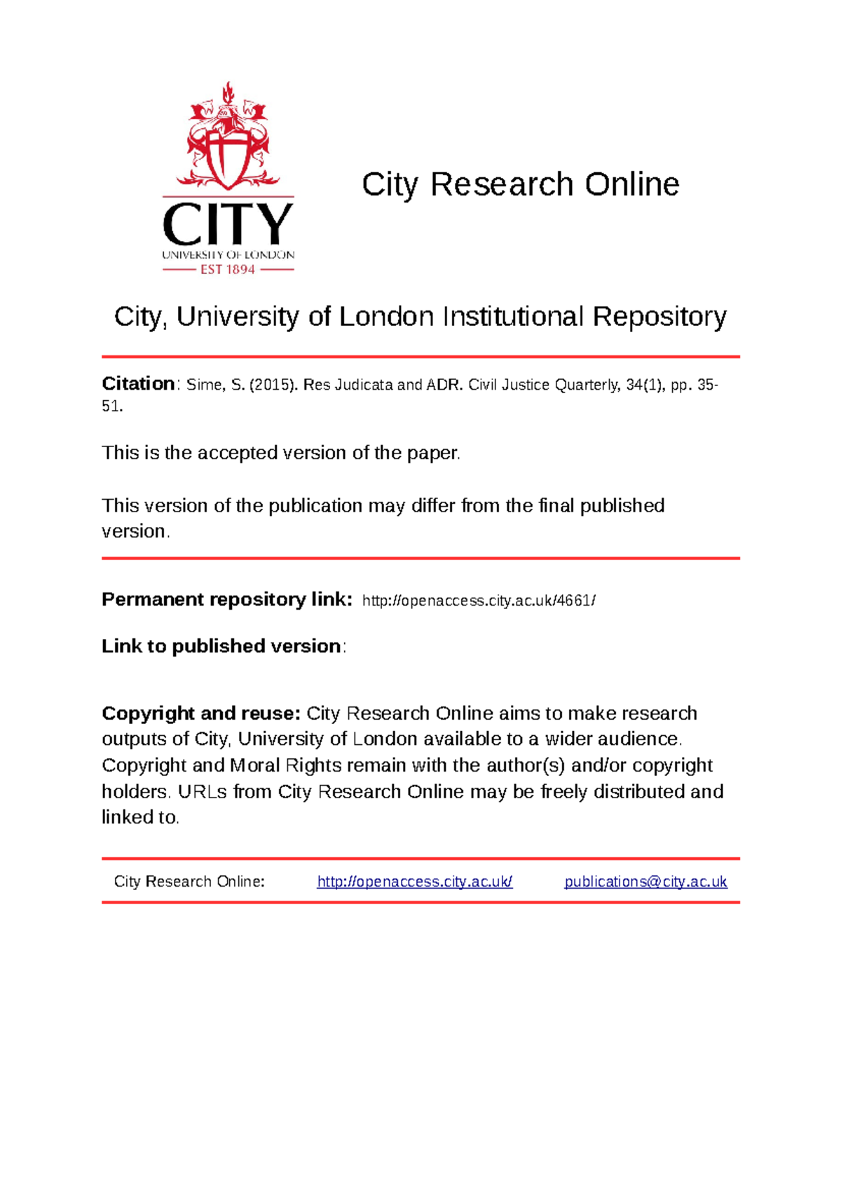 Res Judicata and ADR 280714 - City, University of London Institutional ...