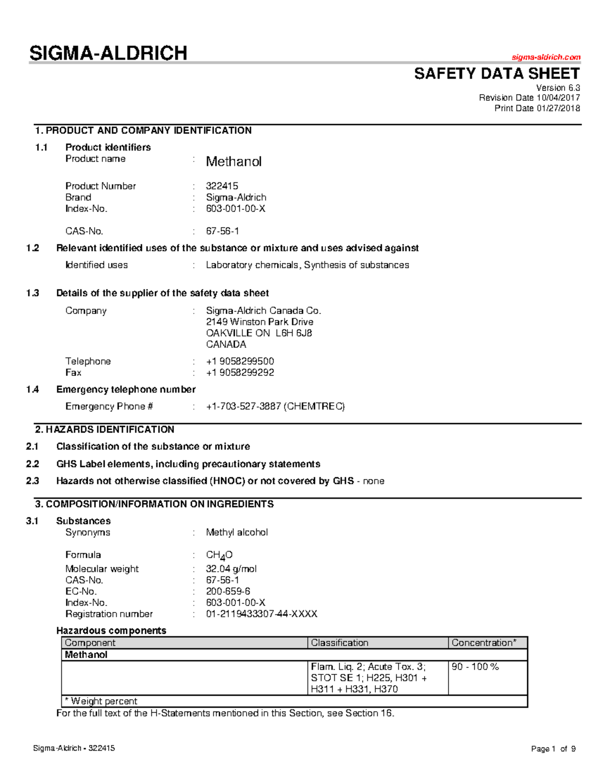 SDS (section 2 missing) methanol (Adrich) W18 - SIGMA-ALDRICH sigma ...