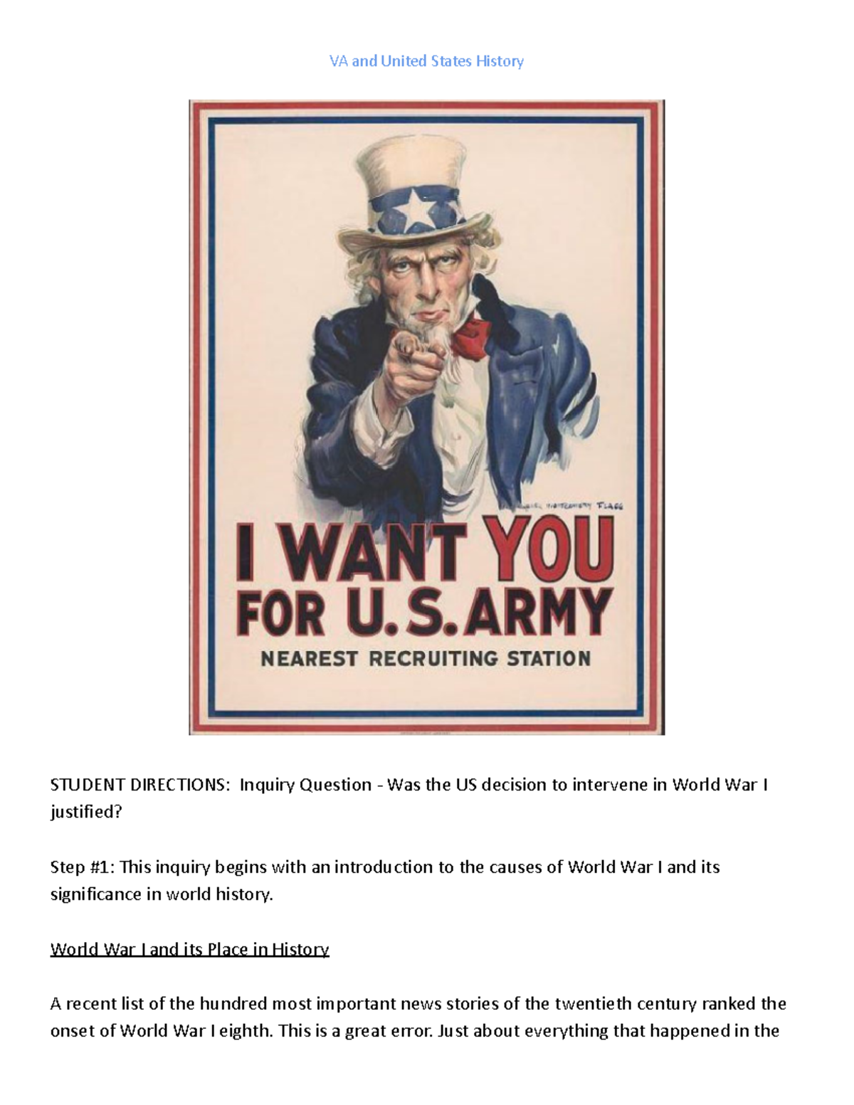 Copy of A1 Era 3 Task 2 WWI Inquiry (NH) Sources - STUDENT DIRECTIONS ...